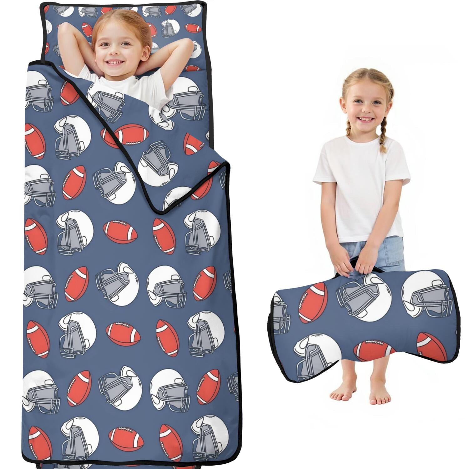 Blue Football Helmets and Balls Pattern Toddler Nap Mats for Kids ...