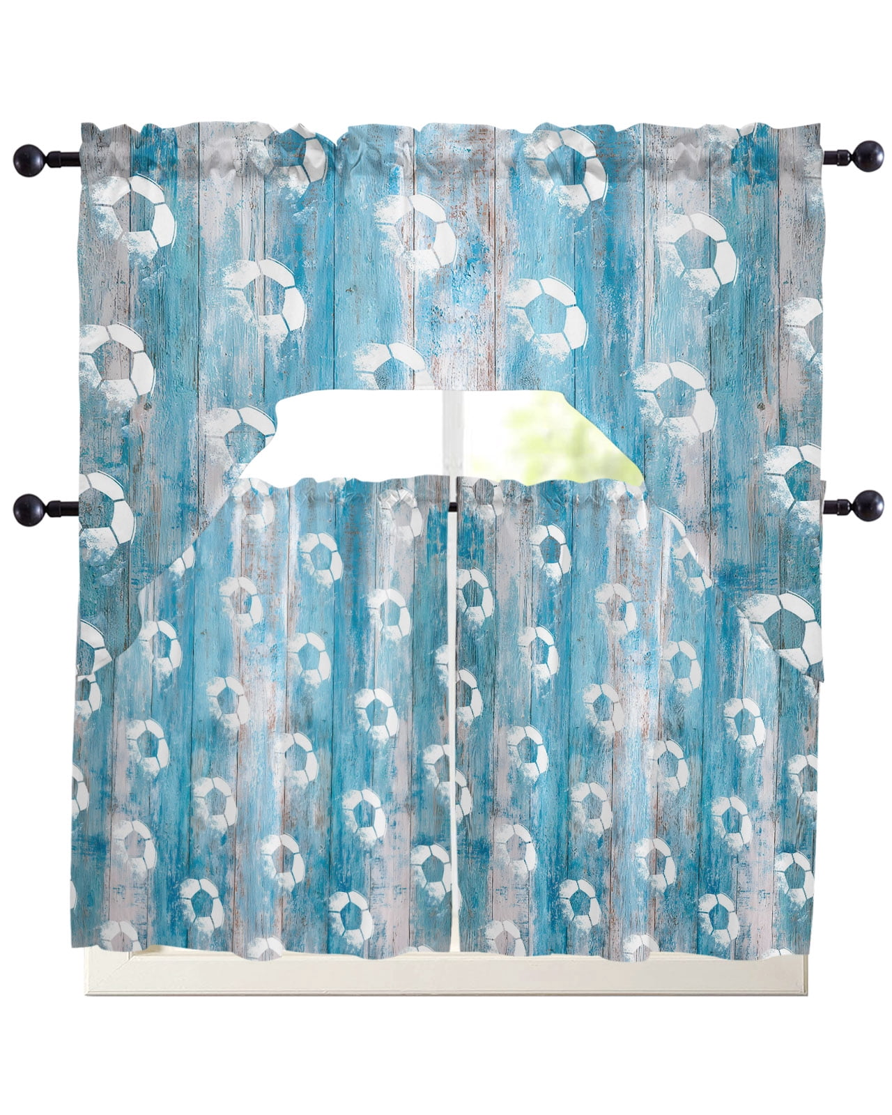 Blue Football Kitchen Curtains Sets 24 Inch Length with Valance, Soccer ...