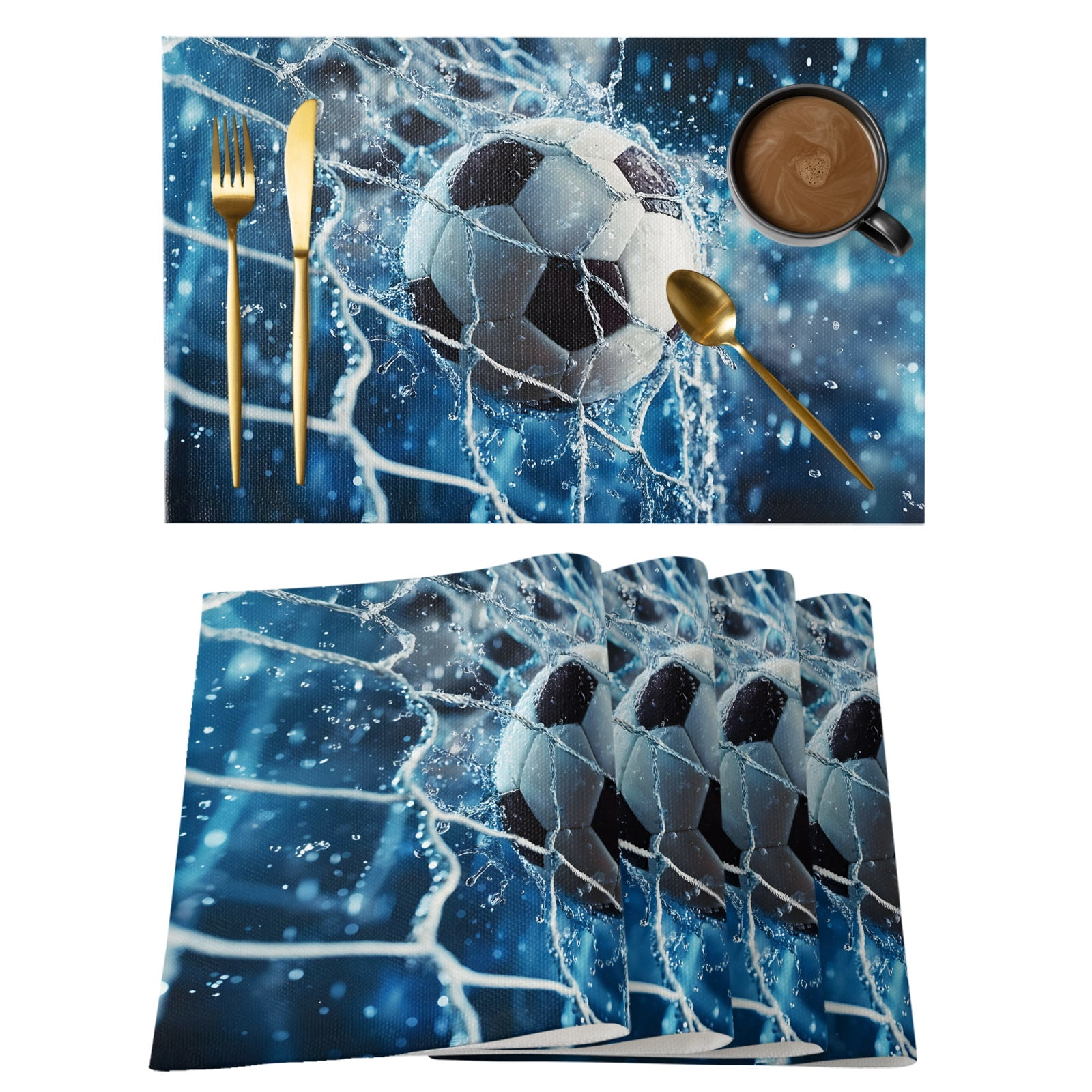 Blue Football Placemats Set of 6 Soccer Ball Water Splash Place Mats ...