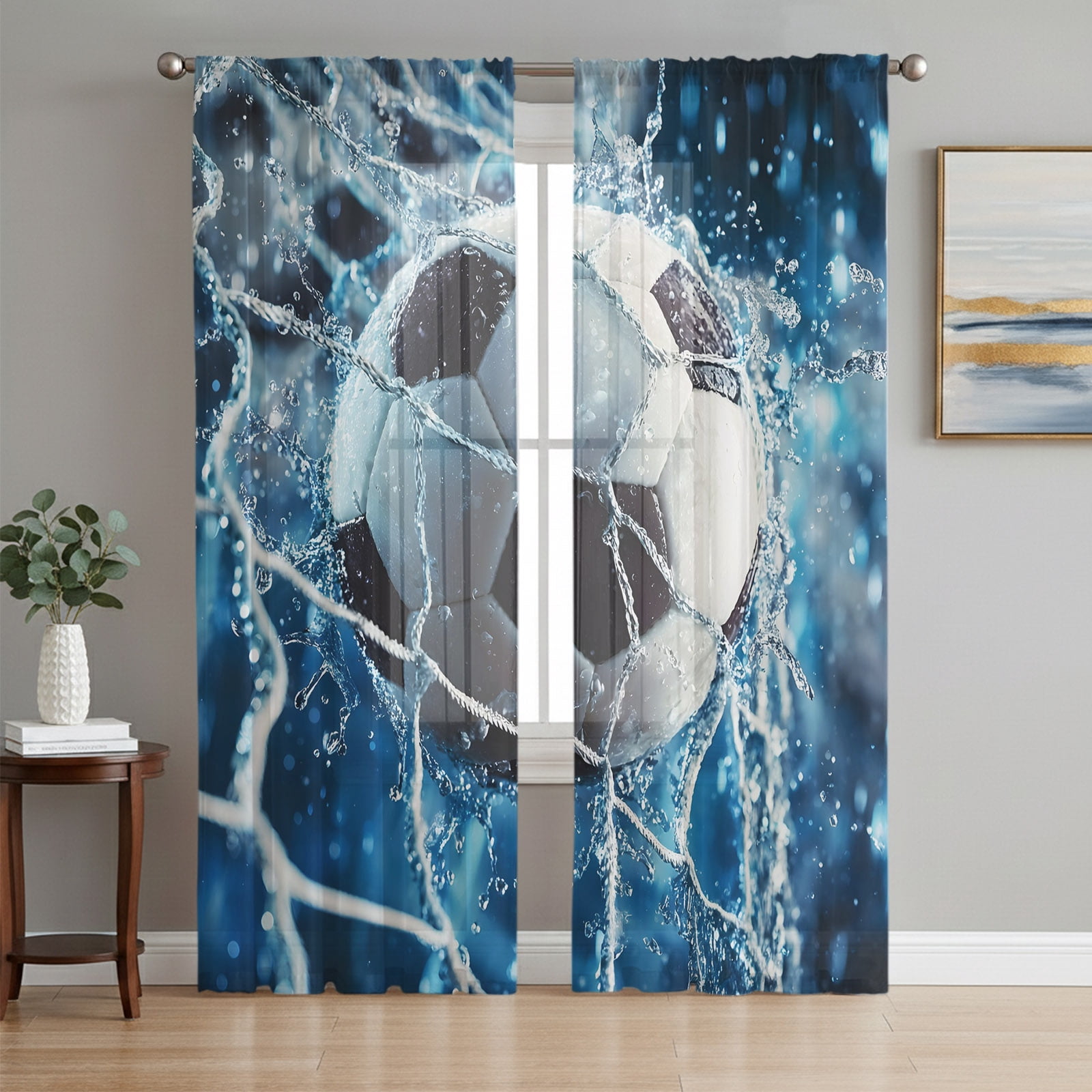 Blue Football Sheer Curtains 84 Inch Length 2 Panels Set, Soccer Ball ...
