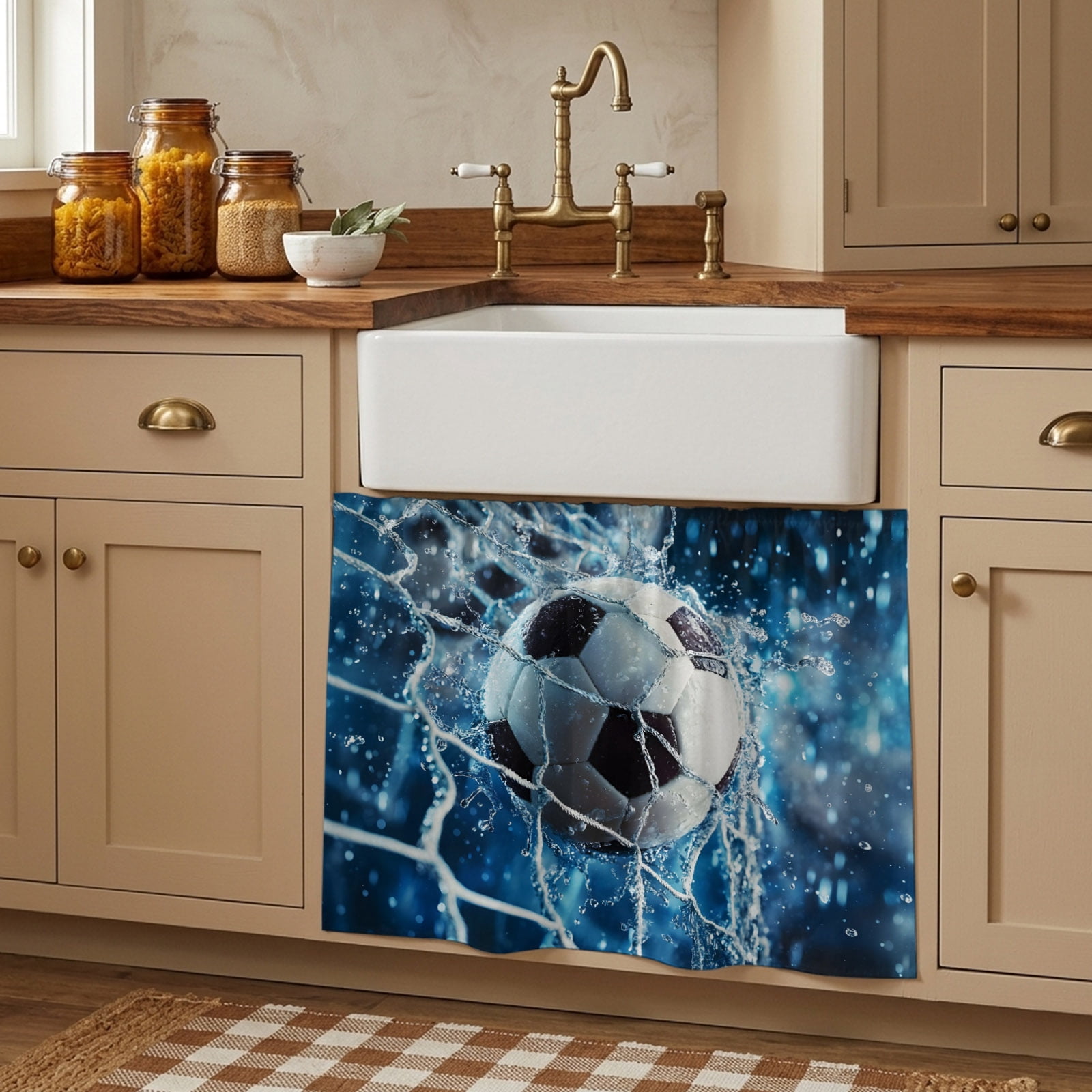 Blue Football Small Cabinet Curtains 10"W x 11"L, Soccer Ball Water ...