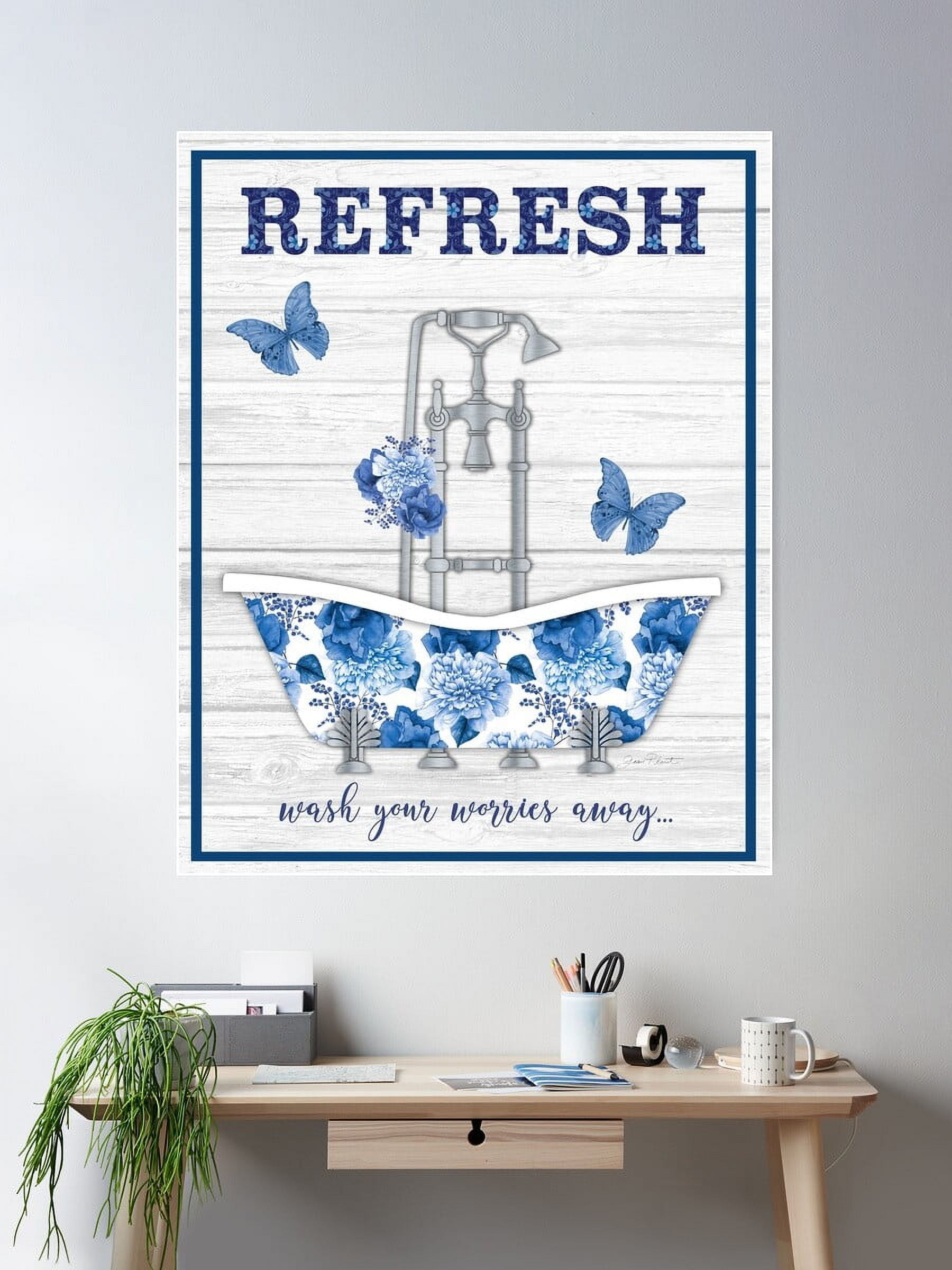 Blue Foral Bath Art B Poster Wall Art, Modern Wall Decor For Living ...