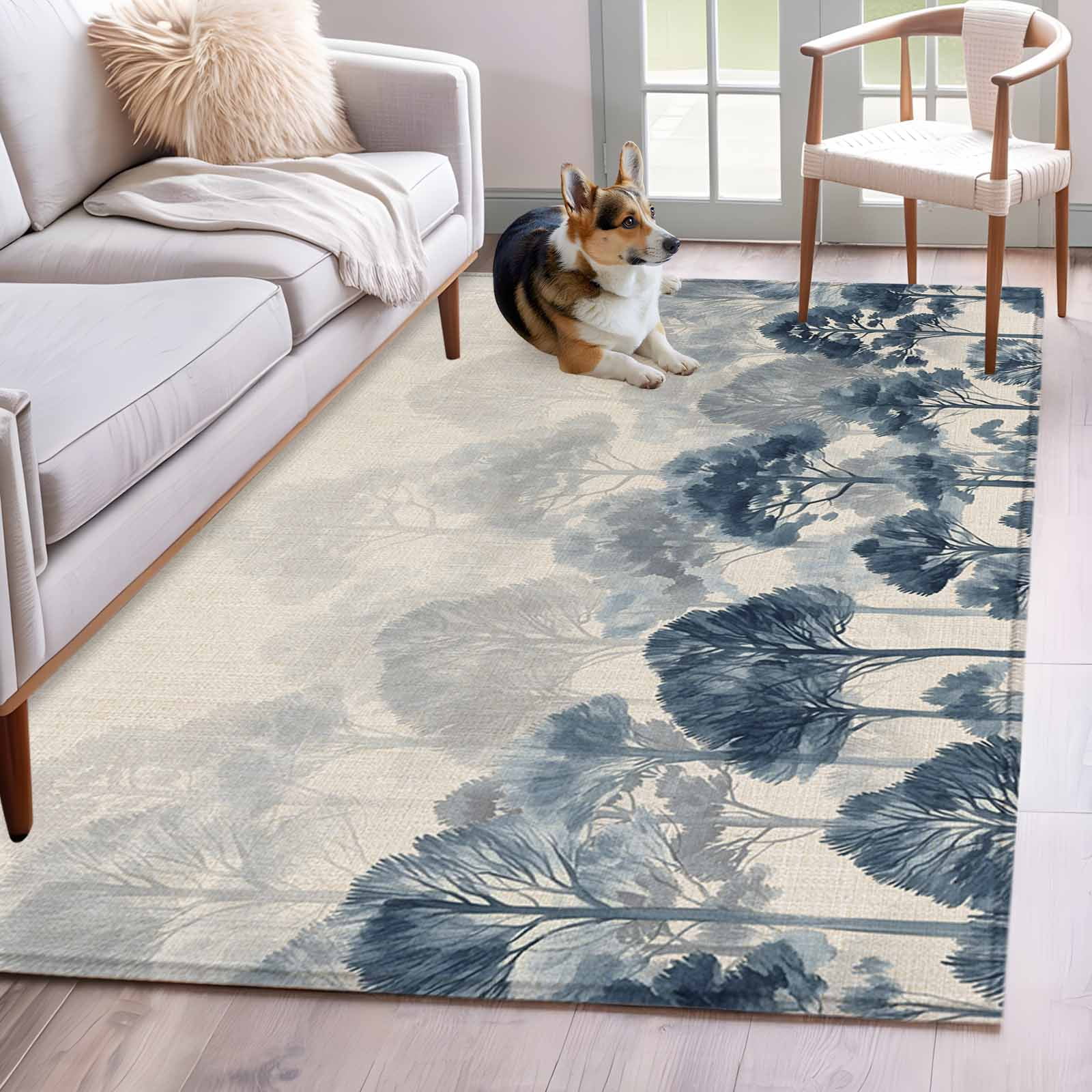 Blue Forest Area Rug 3x5 Washable Rug Non Slip Farmhouse Botanical Tree ...