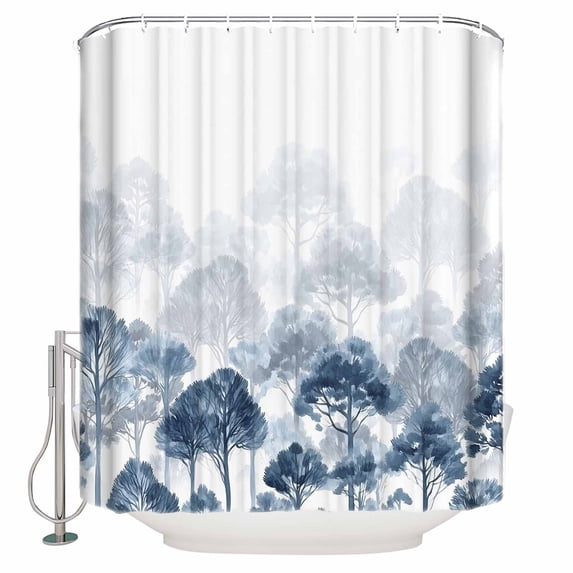 Blue Forest Bathroom Shower Curtains with 12 Hooks Polyester Waterproof ...