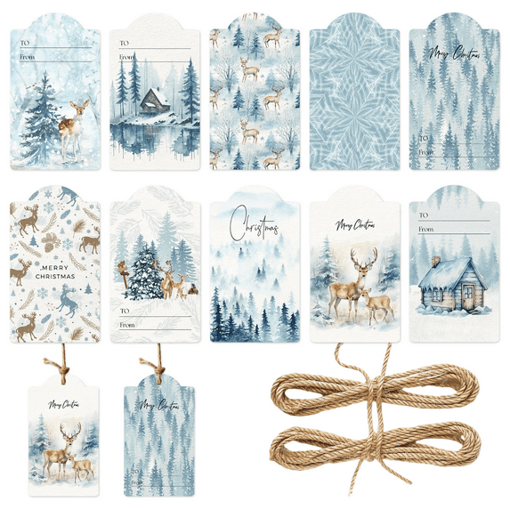 Blue Forest Christmas Gift Tags Set - 60 Watercolor Design Tags with 10 ...