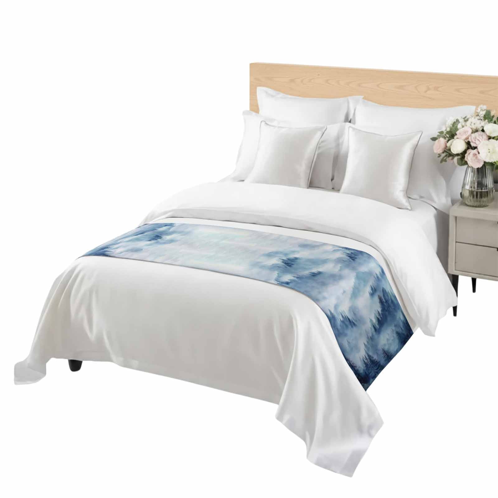 Blue Forest Mountain Bed Runner Cal King Size Retro Watercolor Gradual ...