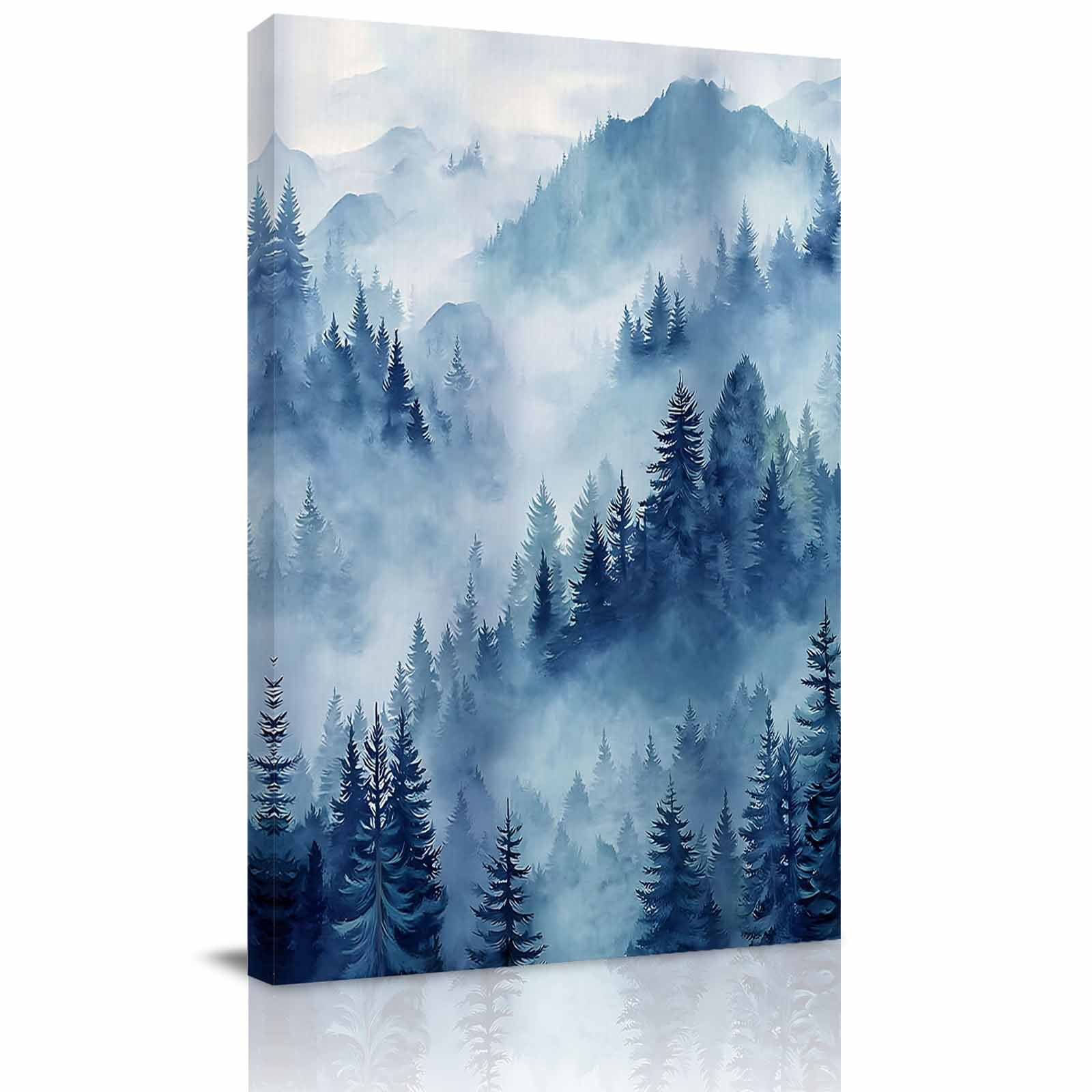 Blue Forest Mountain Canvas Wall Art for Living Room, Retro Watercolor ...