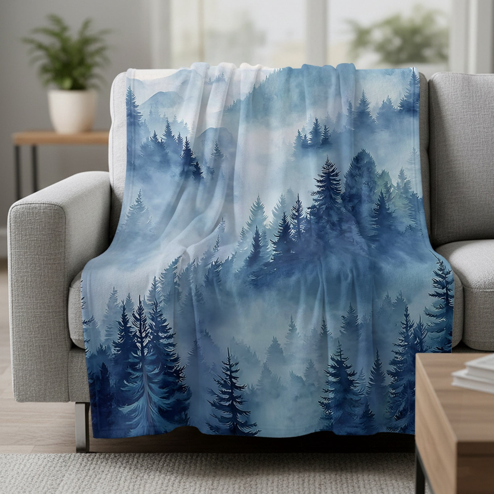 Blue Forest Mountain Fleece Throw Blanket Retro Watercolor Gradual ...