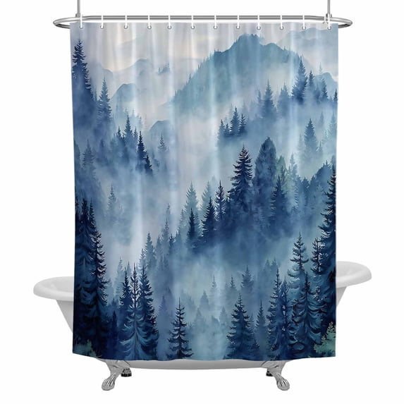 Blue Forest Mountain Shower Curtain for Bathroom, Retro Watercolor ...