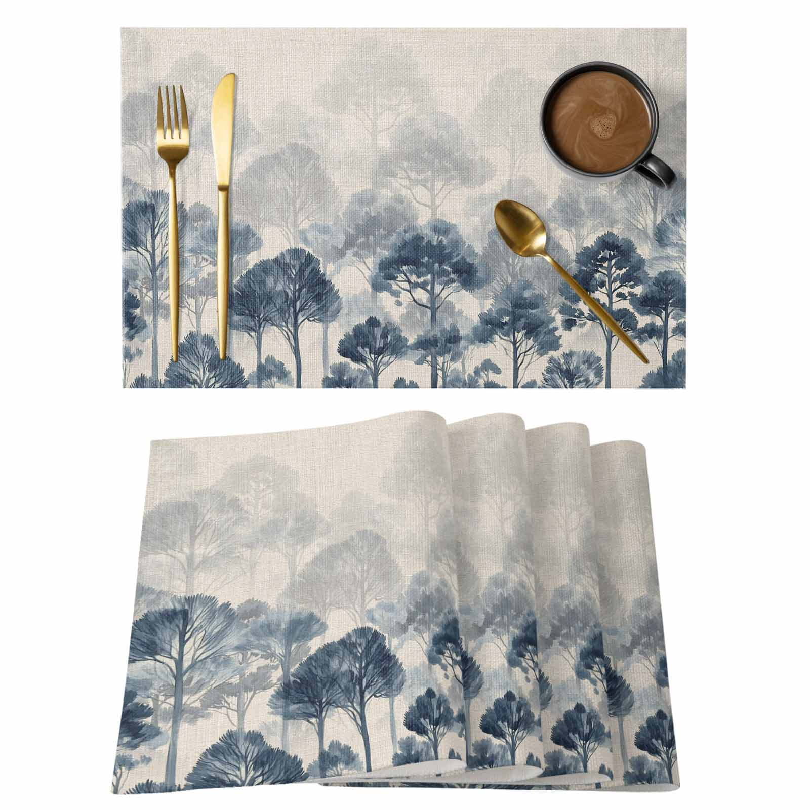 Blue Forest Placemats Set of 8 Farmhouse Botanical Tree Scenery Beige ...