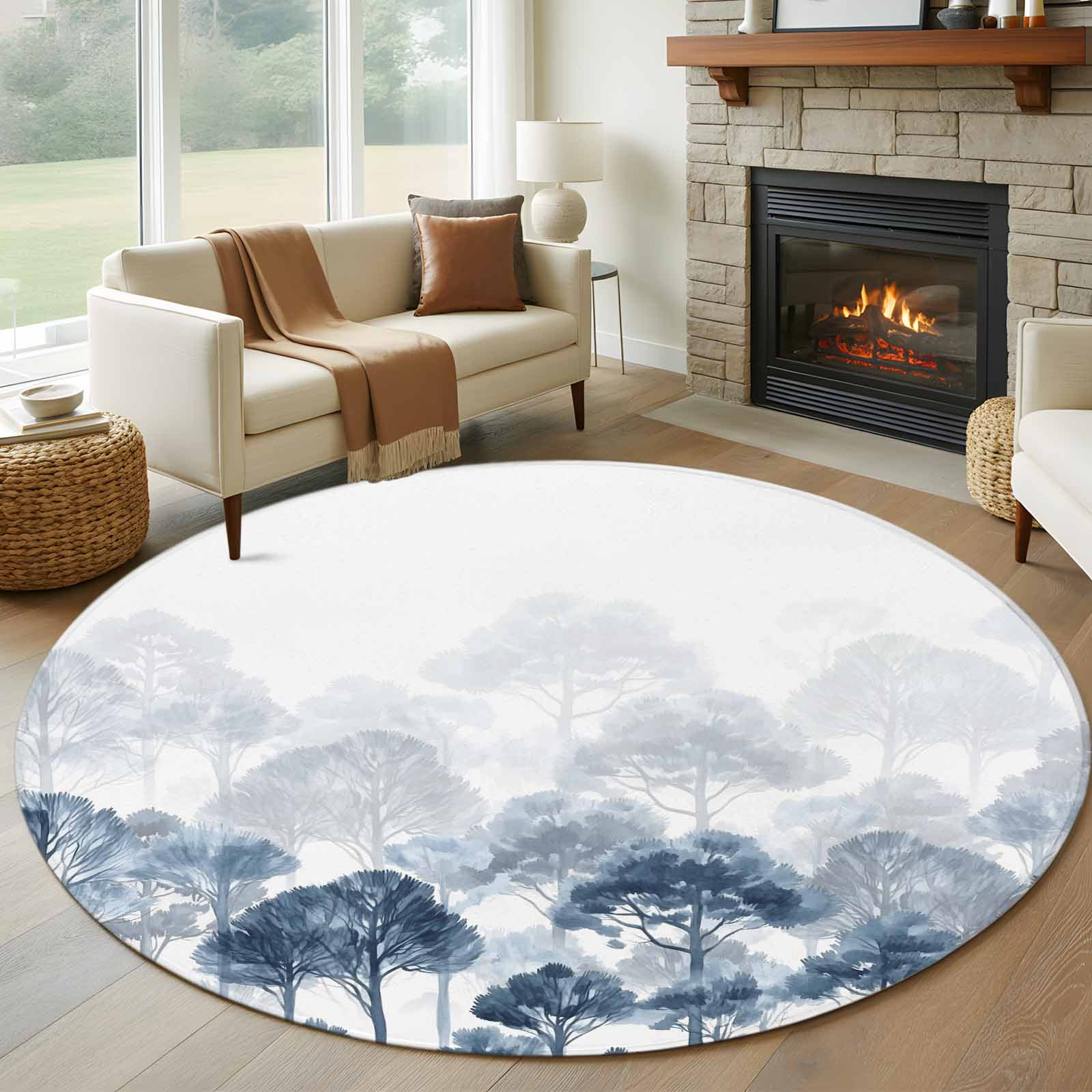 Blue Forest Round Rug 5ft Washable Circle Kitchen Rugs Non Slip ...
