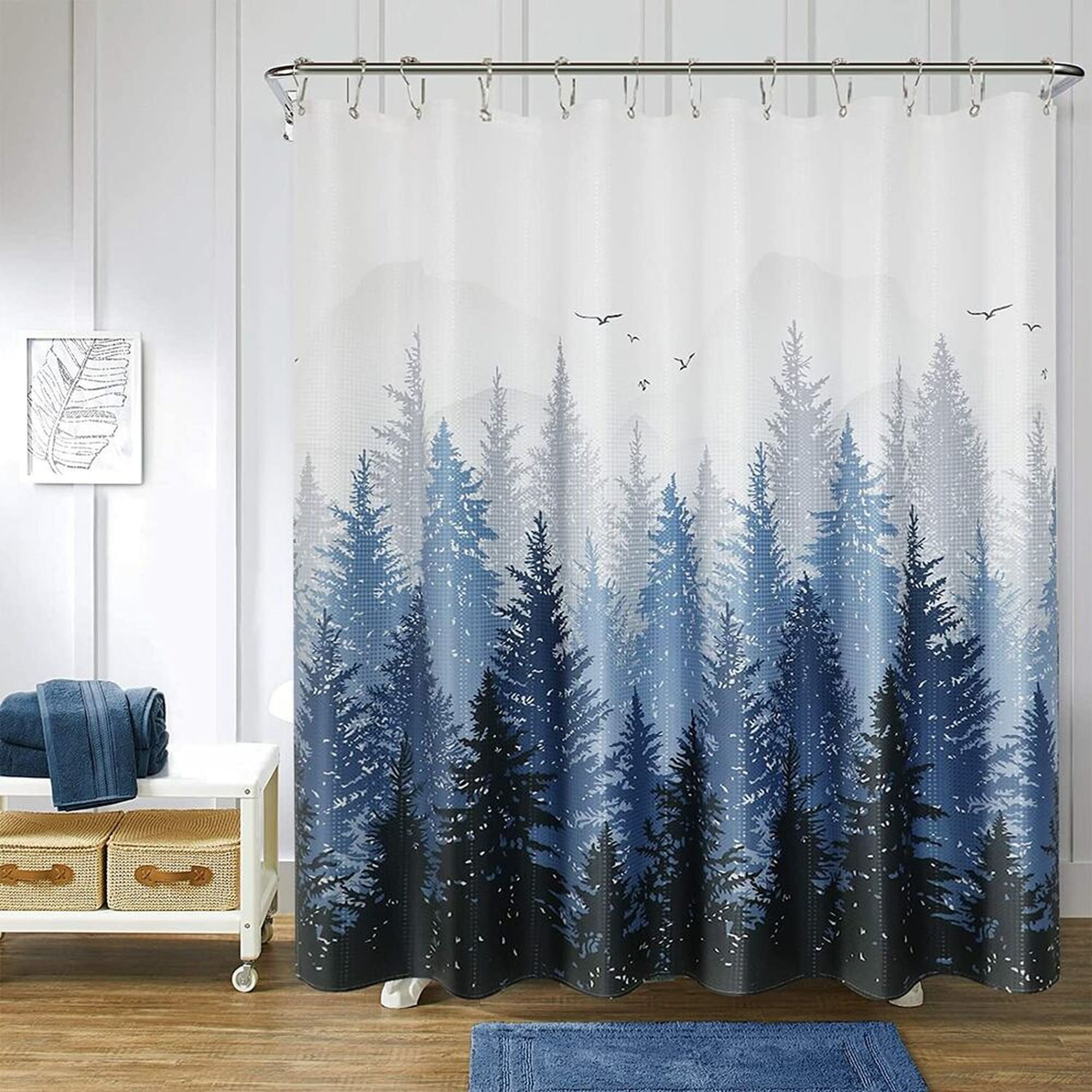 Blue Forest Shower Curtain Pine Tree Bathroom Decor with Hooks ...