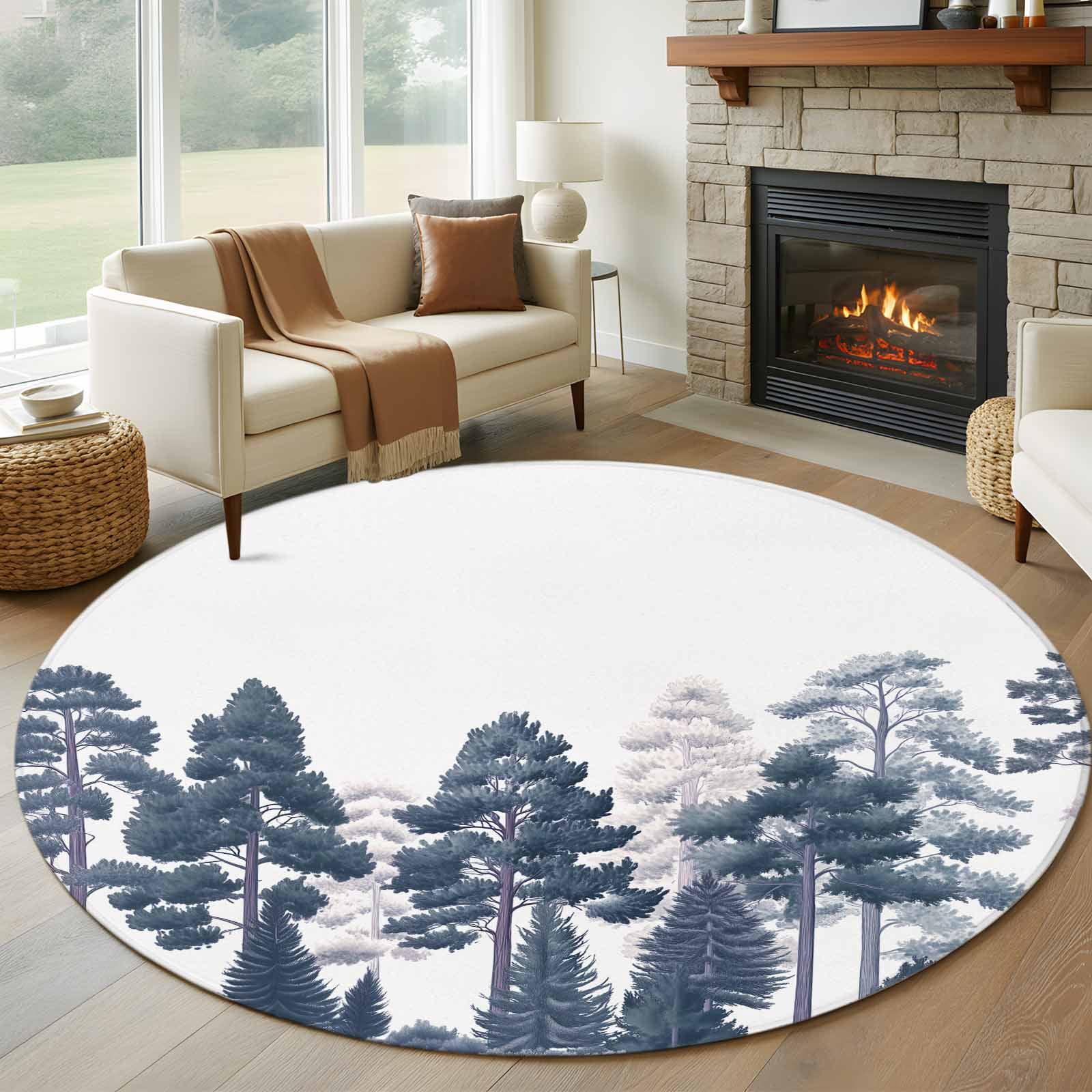 Blue Forests Tree Round Area Rug 5 FT, Non Slip Bedroom Rugs, Pine ...