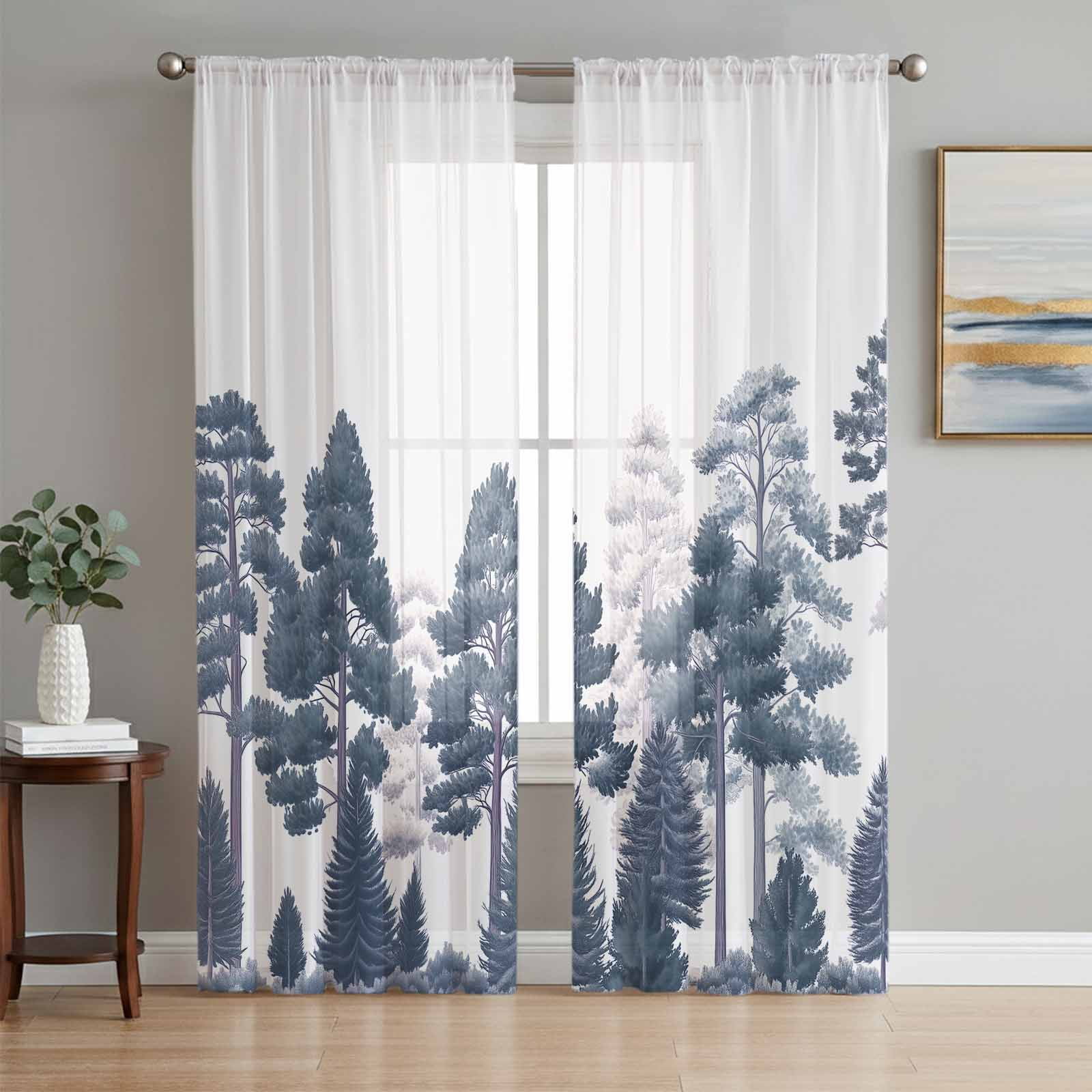 Blue Forests Tree Semi Sheer Curtains 108 Inch Length 2 Panels Set ...