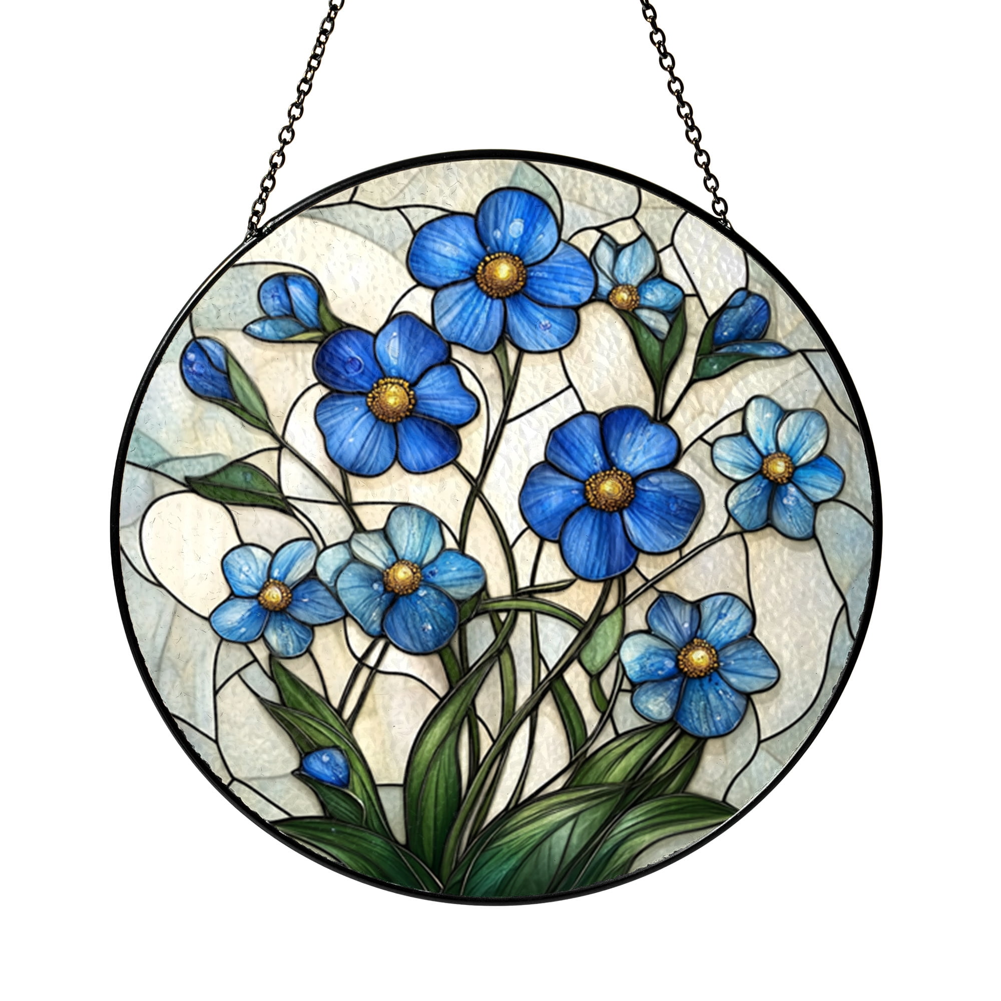 Blue Forget Me Not Glass Suncatcher Window Decor, Round Floral Hanging ...