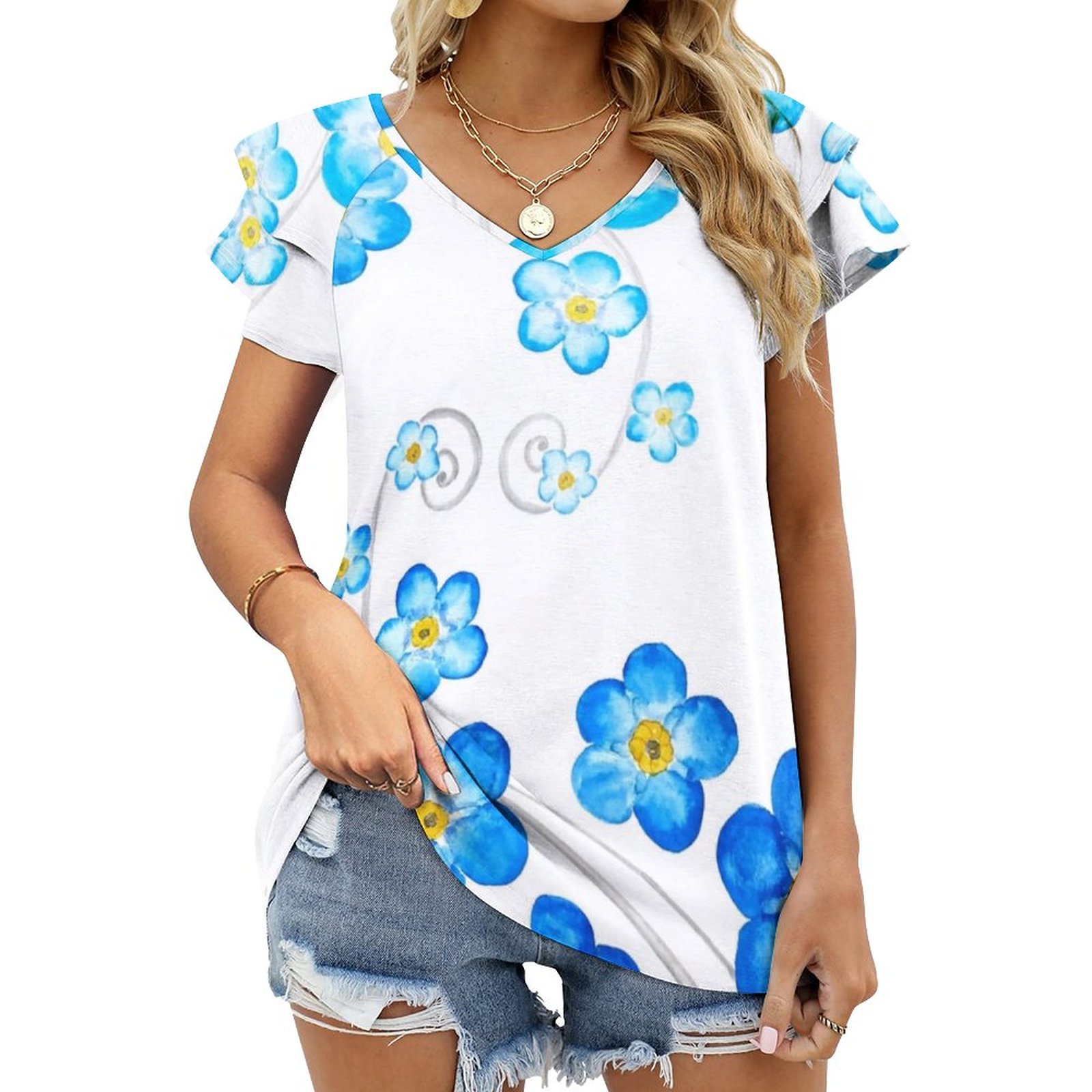 Blue Forget Me Not Watercolor 2024 Lotus Leaf Neck Women's T-Shirt Cute ...