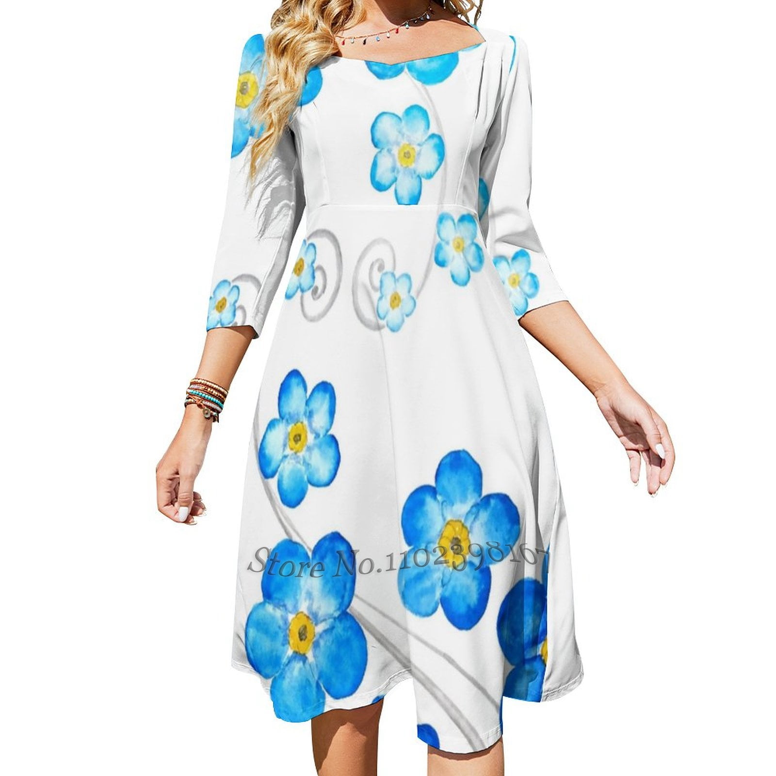 Blue Forget Me Not Watercolor Sweet Elegant Dress Women Korean Kawaii ...