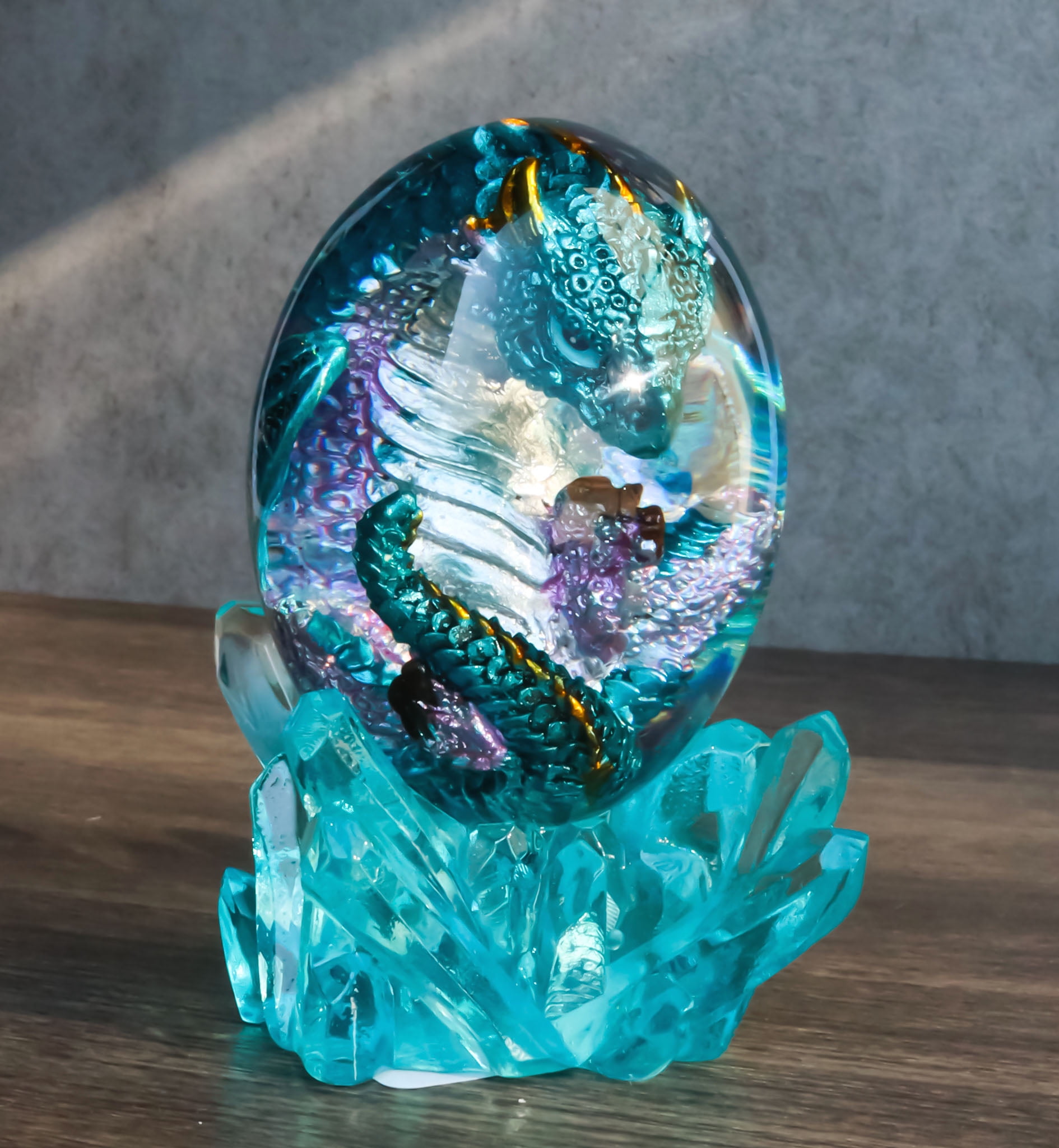 Blue Fossil Dragon Hatchling Sleeping in Faux Crystal Acrylic Glass Egg ...
