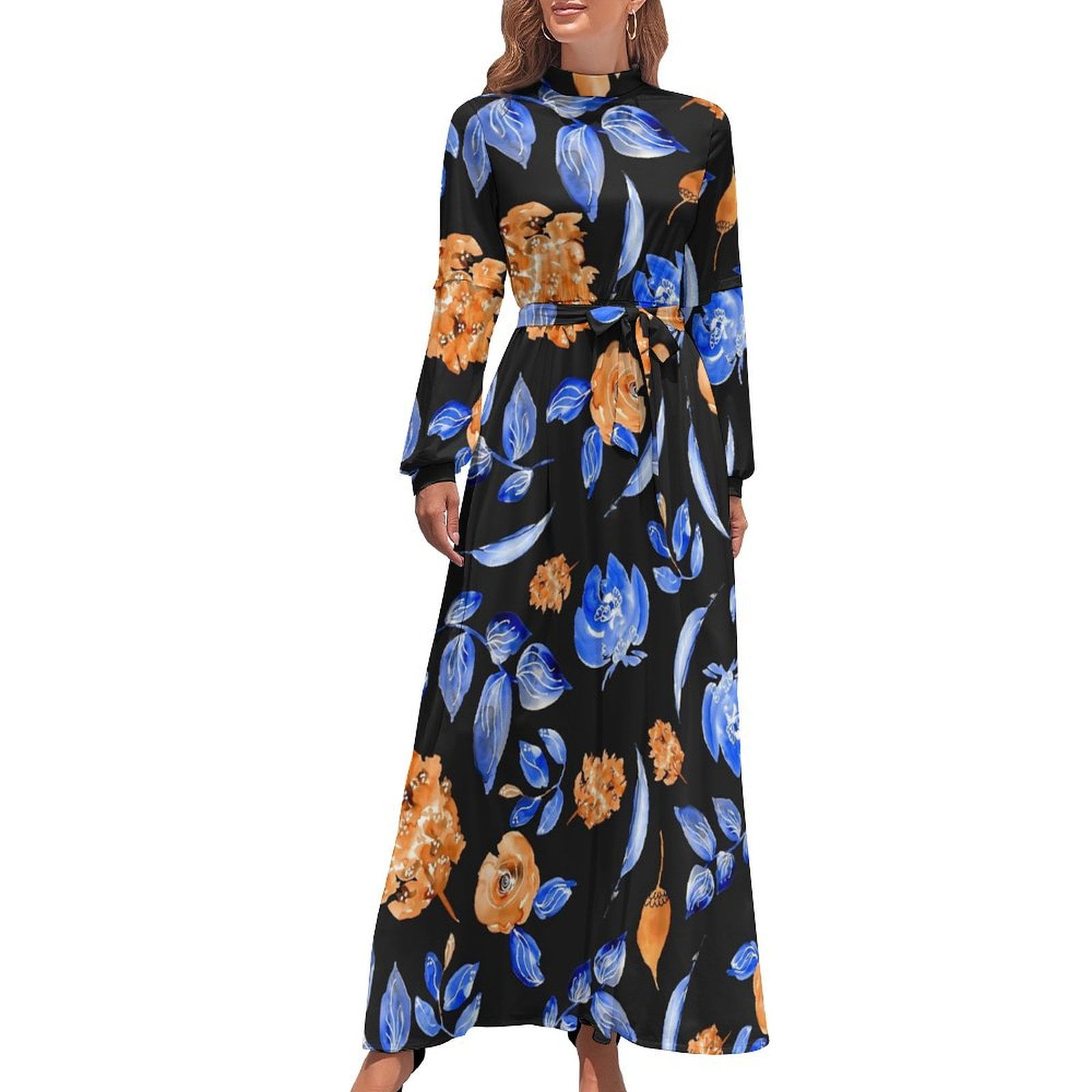 Blue Fower Dress Long Sleeve Rose Print Party Maxi Dress High Neck ...