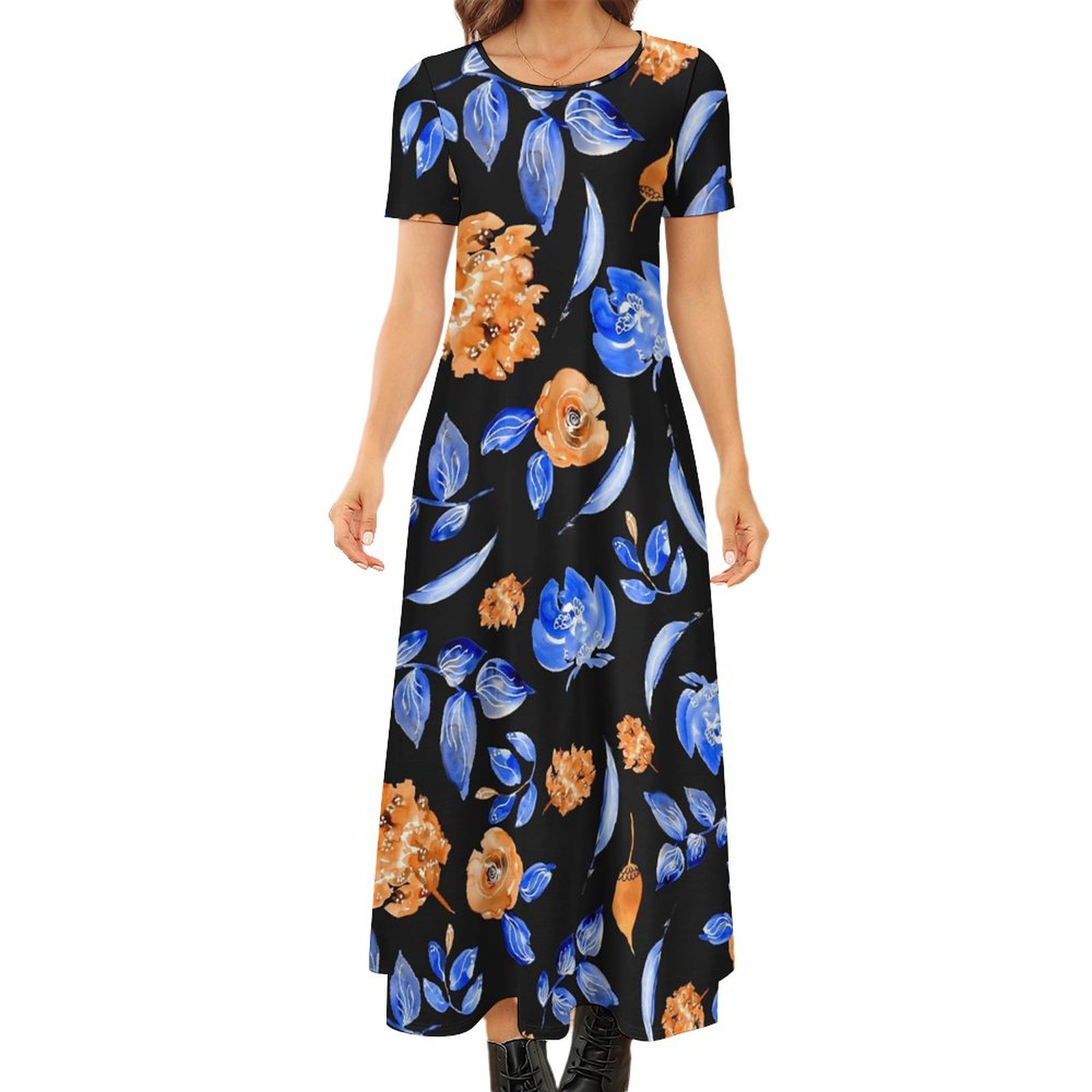 Blue Fower Dress Rose Print Party Maxi Dress Short Sleeve Korean ...