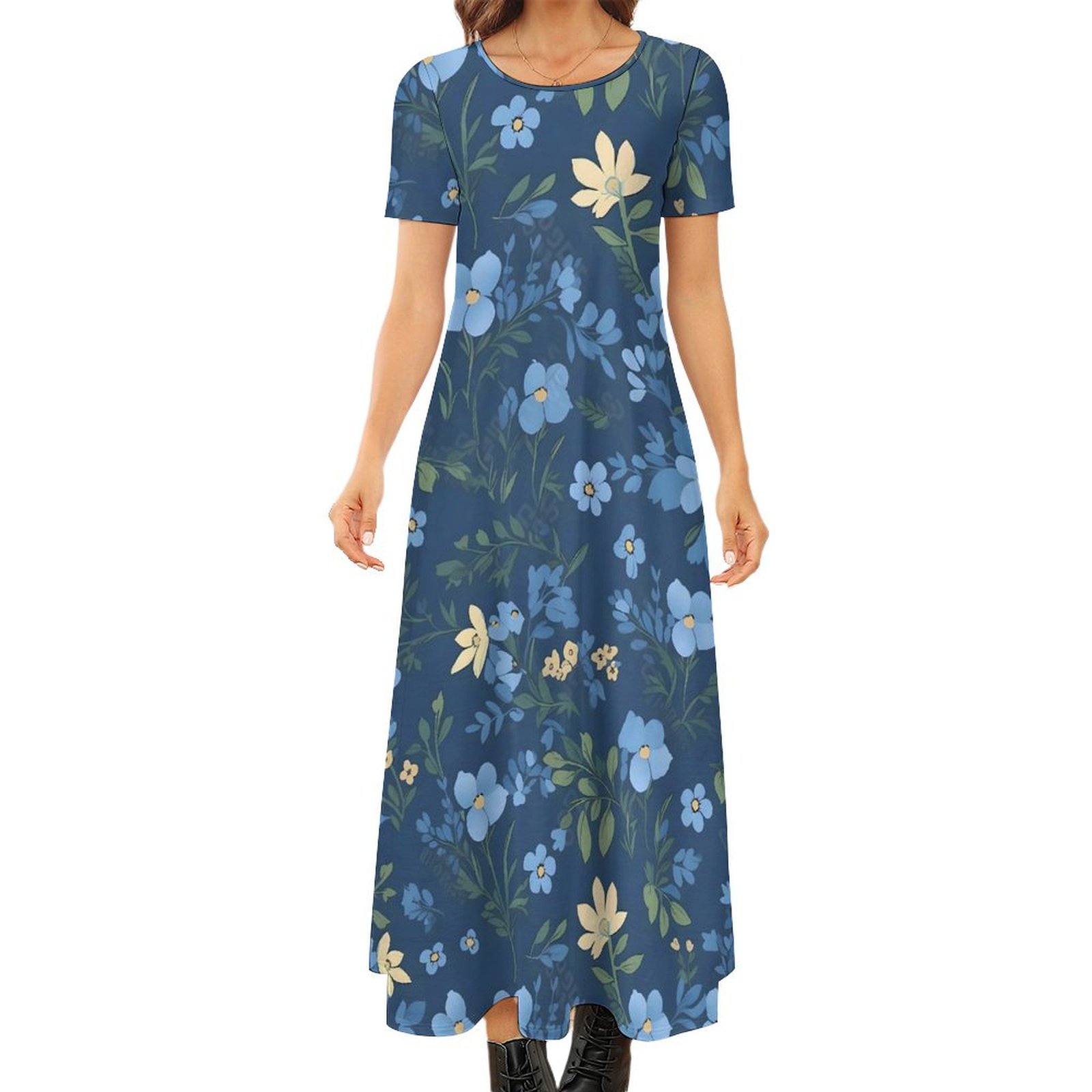 Blue Fower Dress Rose Print Party Maxi Dress Short Sleeve Korean ...