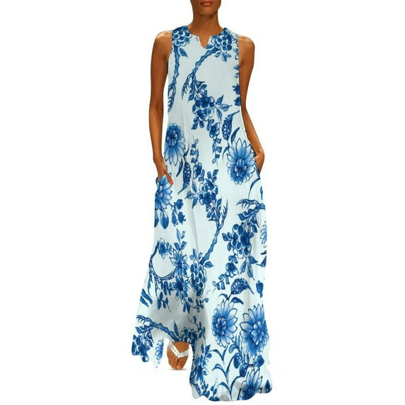 Blue Fower Print Dress Cherry Blossom Vintage Maxi Dress Streetwear ...
