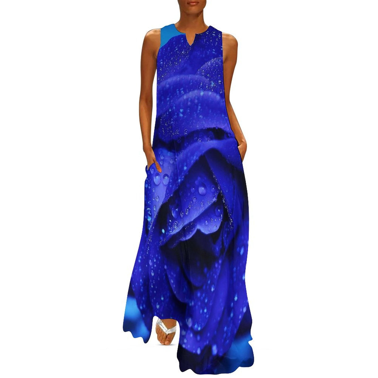 Blue Fower Print Dress Summer Hibiscus Hawaiian Aesthetic Boho Beach Long Dresses Woman Cute ...