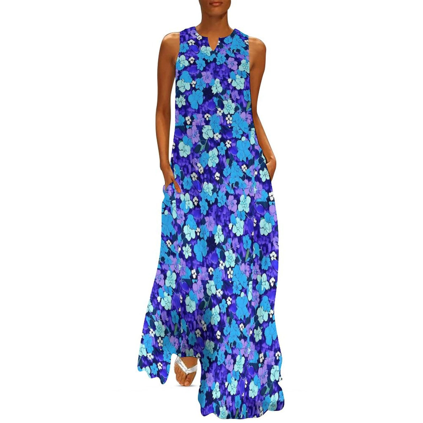 Blue Fower Print Dress Summer Hibiscus Hawaiian Aesthetic Boho Beach ...