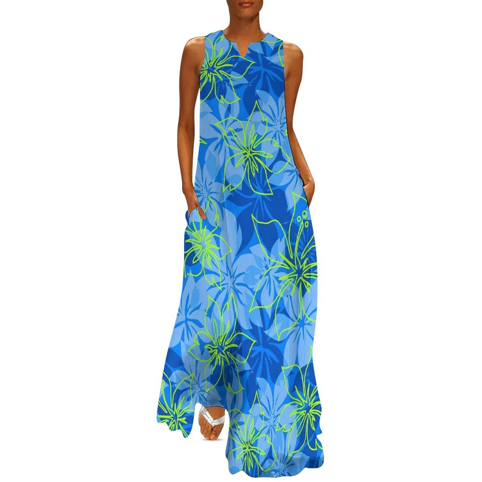 Blue Fower Print Dress Summer Hibiscus Hawaiian Aesthetic Boho Beach ...
