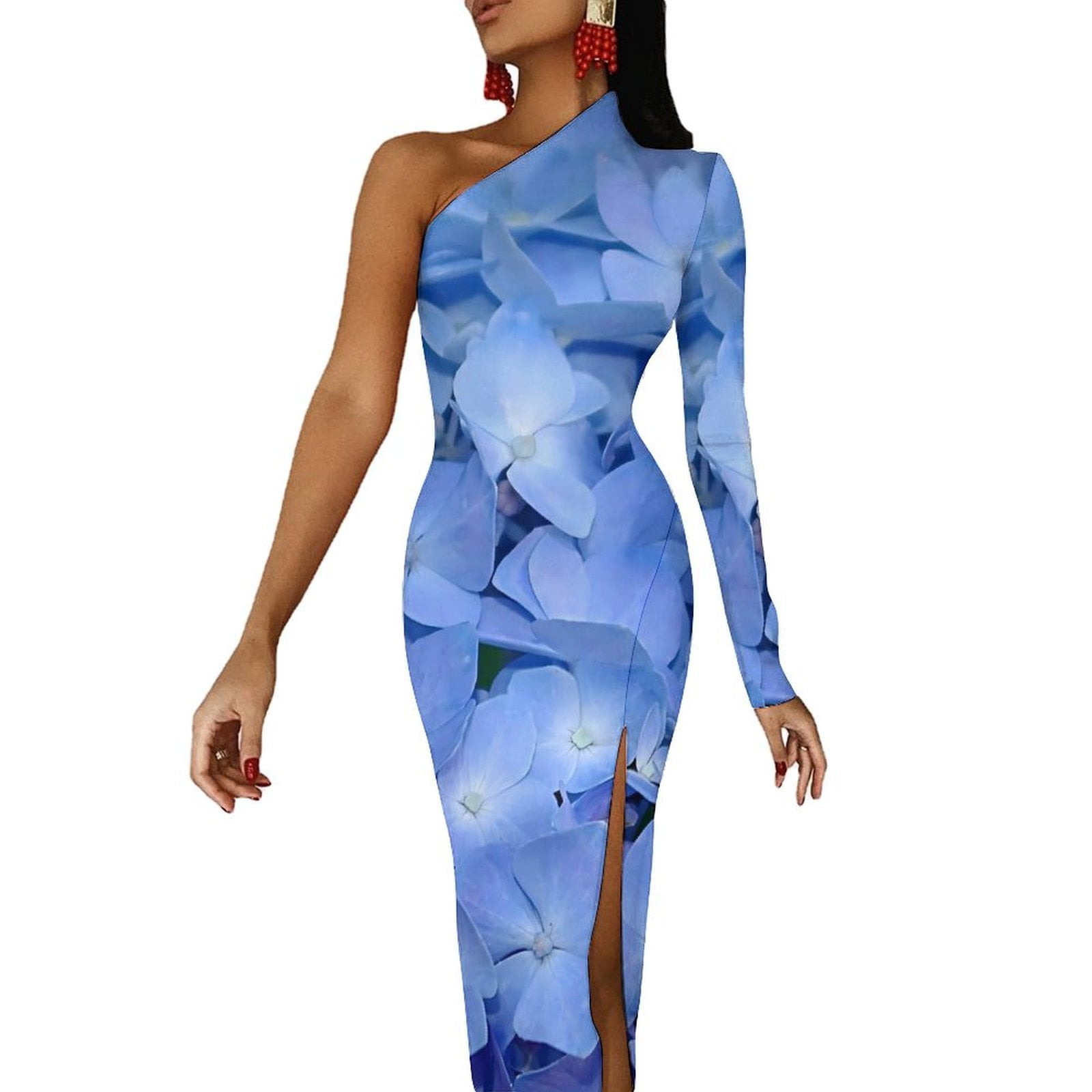 Blue Fower Print Maxi Dress One Shoulder Hibiscus Hawaiian Aesthetic ...