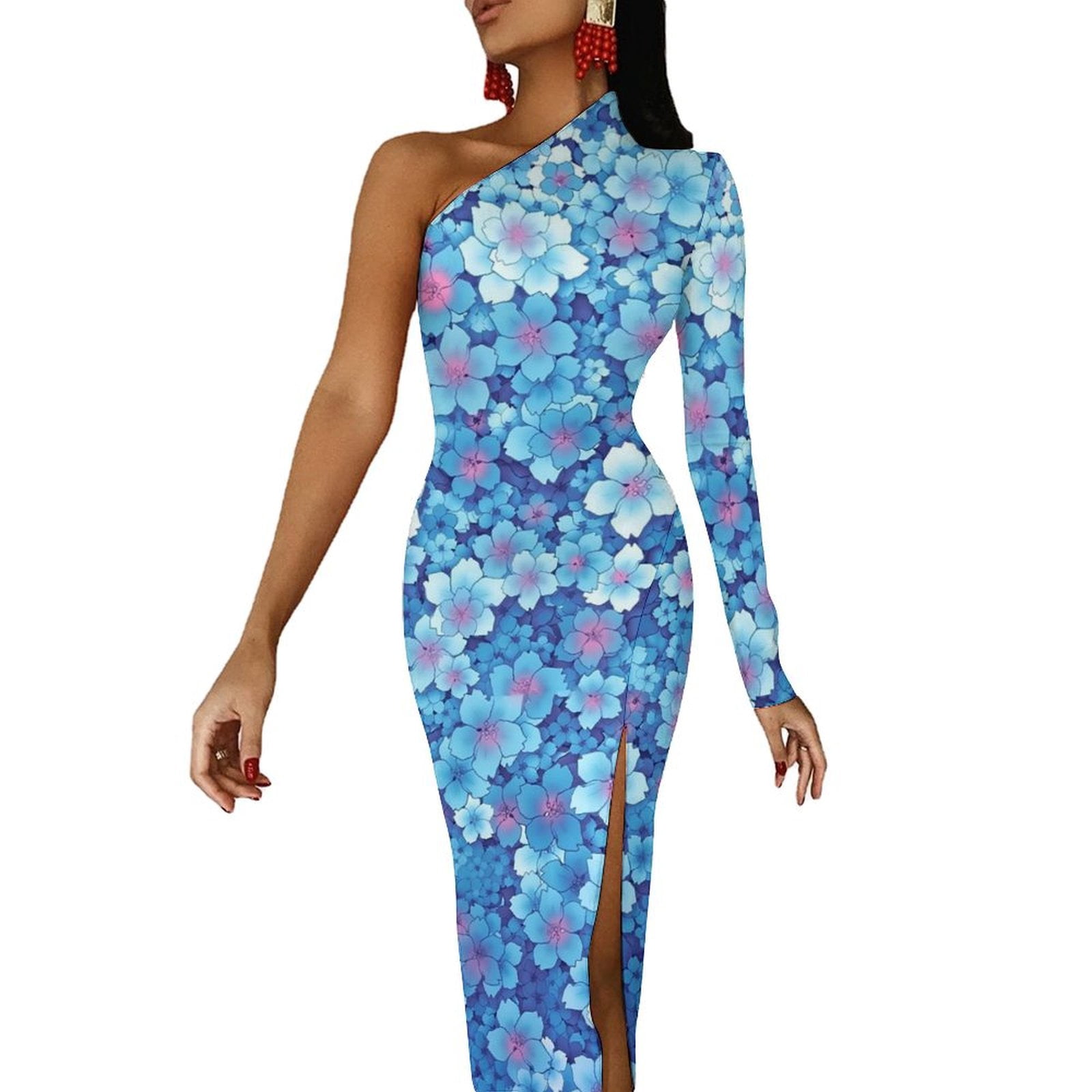 Blue Fower Print Maxi Dress One Shoulder Hibiscus Hawaiian Aesthetic ...