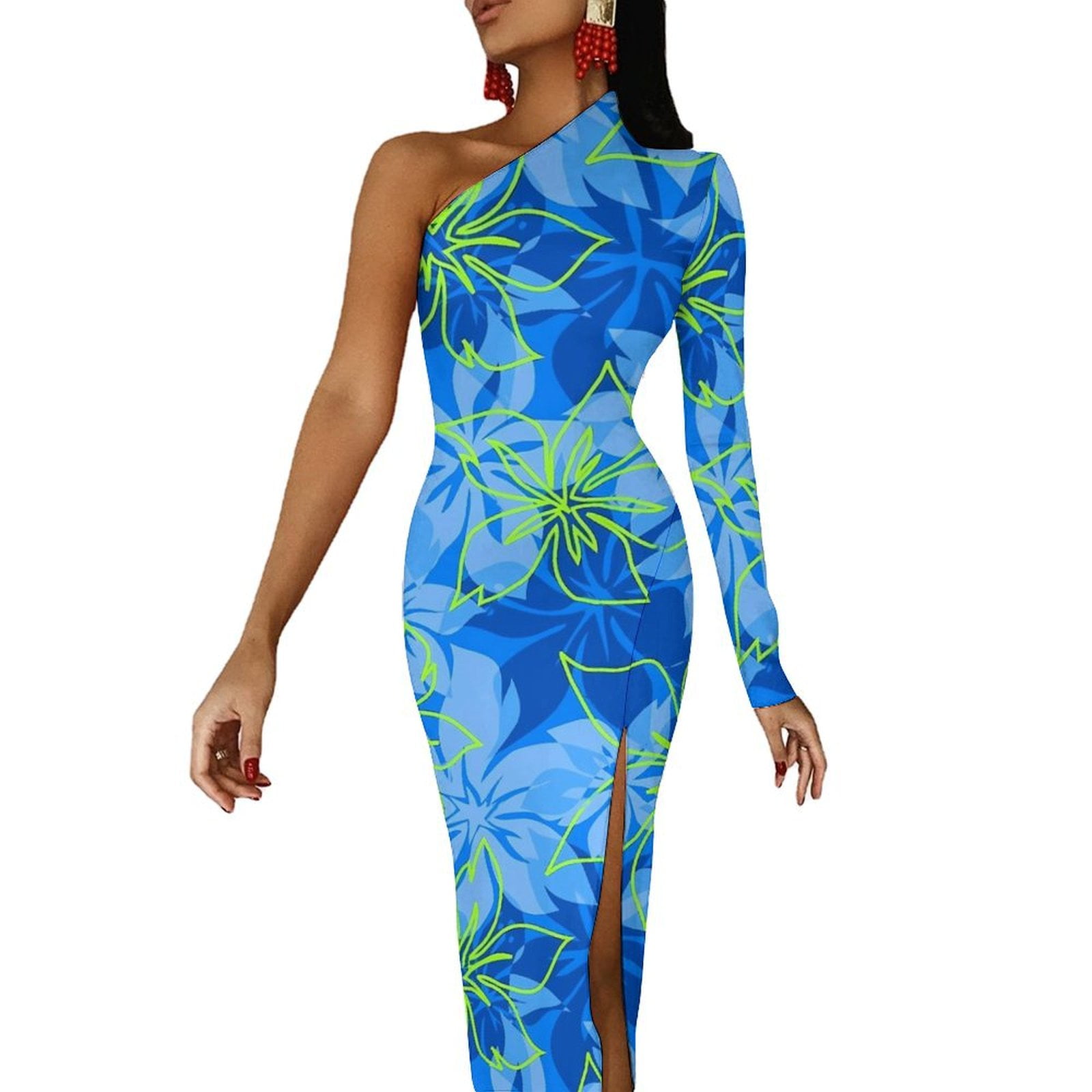 Blue Fower Print Maxi Dress One Shoulder Hibiscus Hawaiian Aesthetic ...
