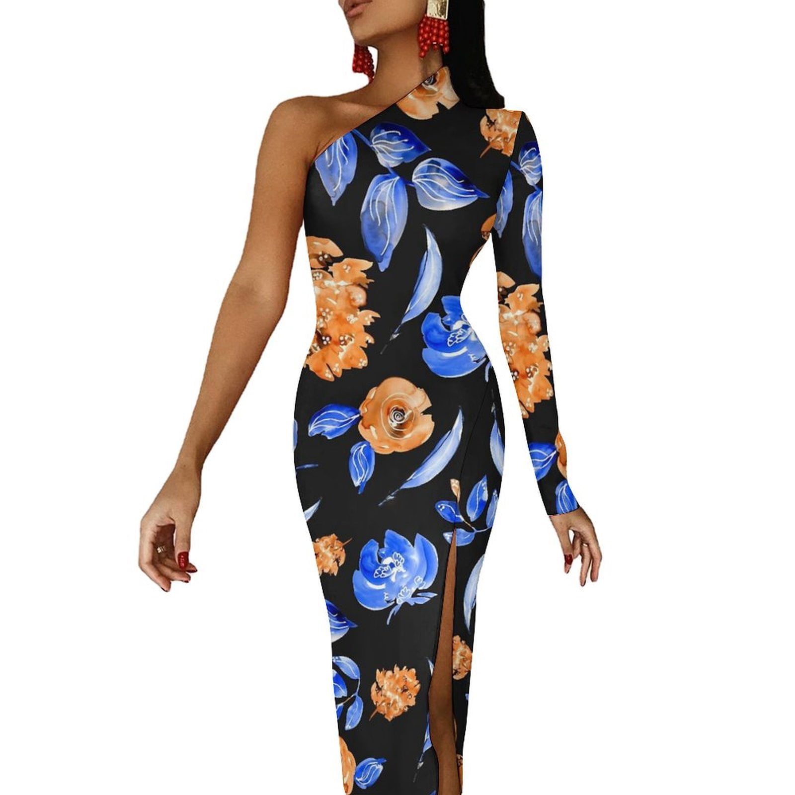 Blue Fower Print Maxi Dress One Shoulder Hibiscus Hawaiian Aesthetic ...
