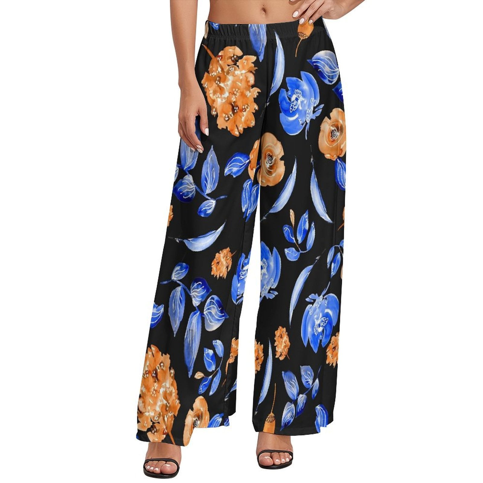 Blue Fower Print Straight Pants Cherry Blossom Modern Wide Pants Female ...