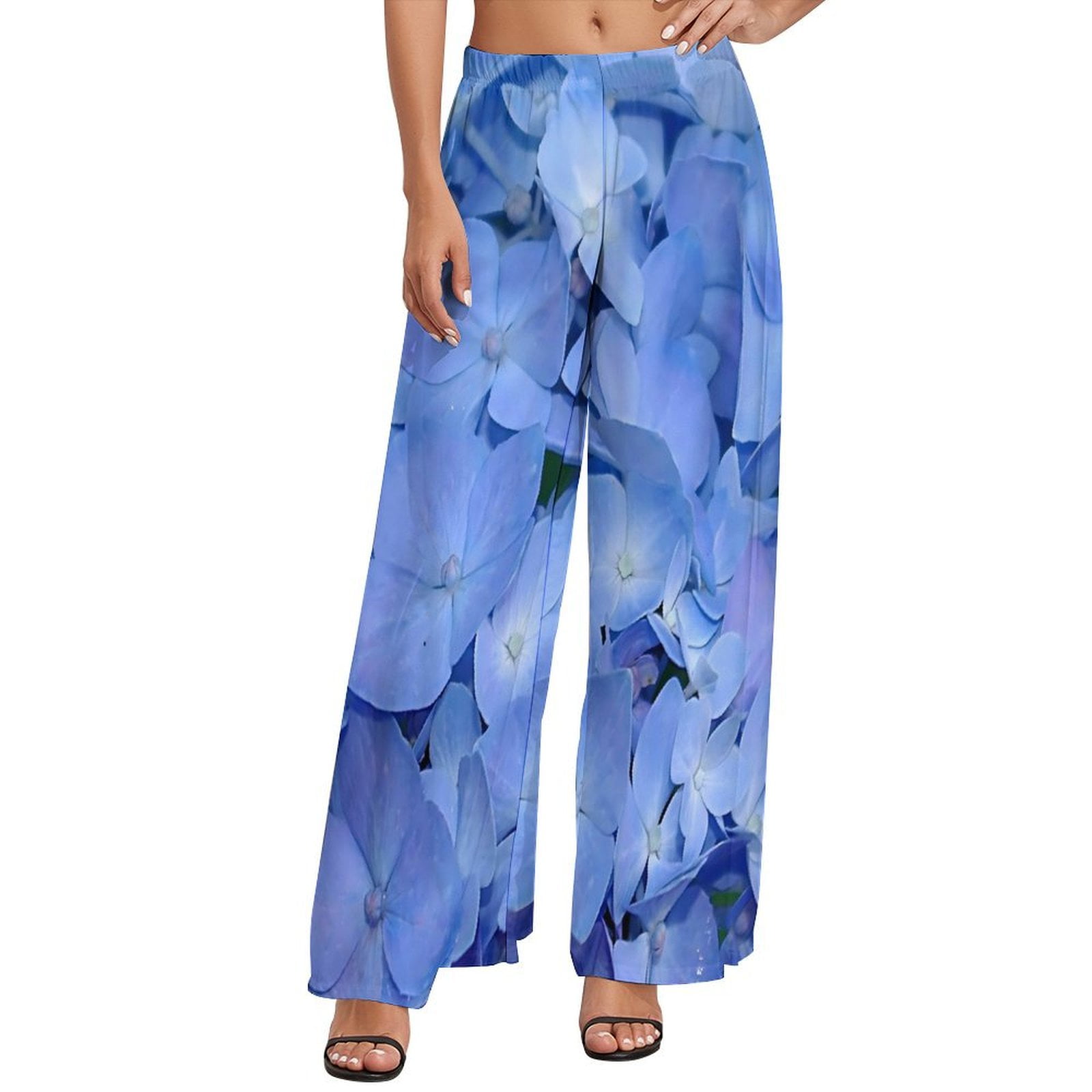 Blue Fower Print Straight Pants Cherry Blossom Modern Wide Pants Female ...