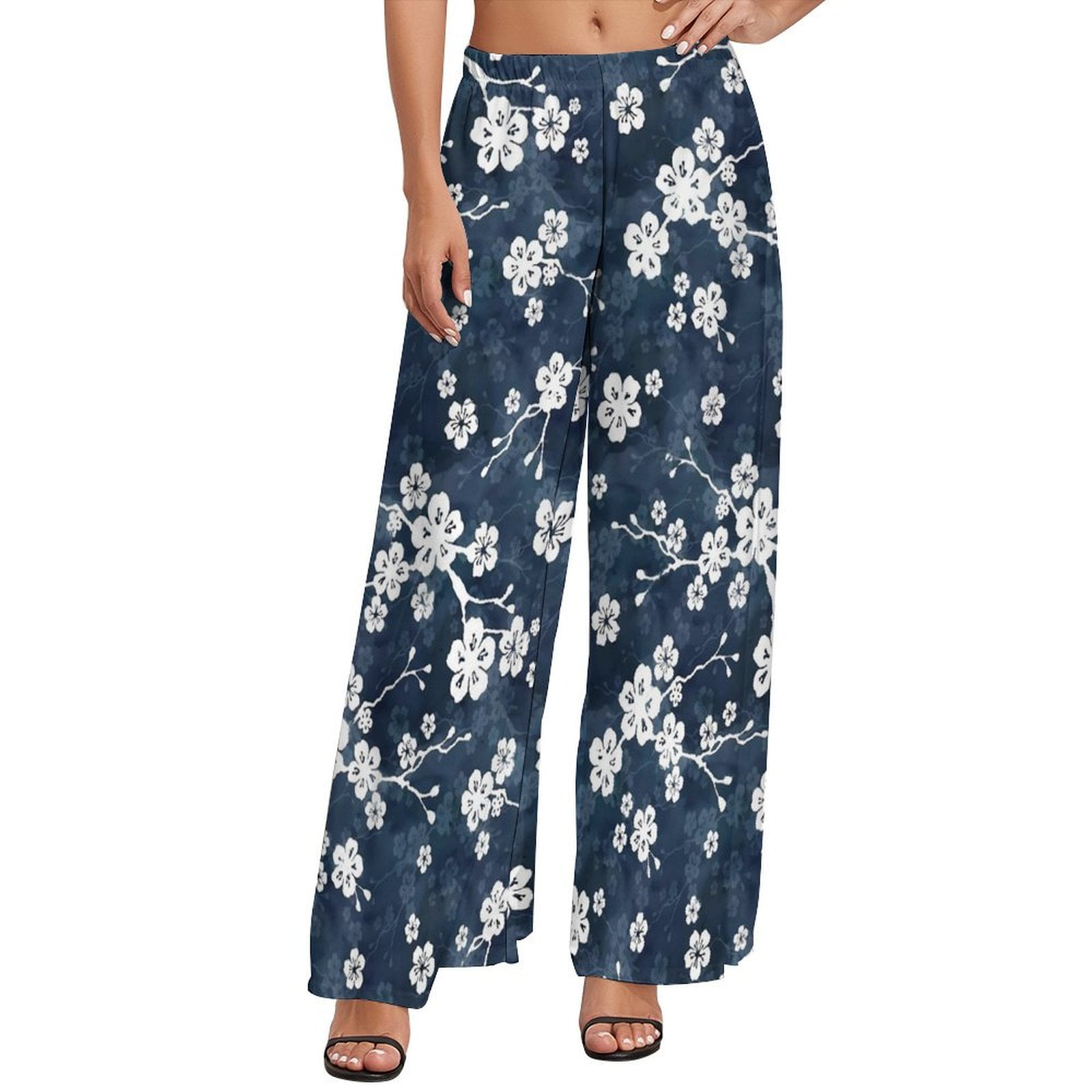 Blue Fower Print Straight Pants Cherry Blossom Modern Wide Pants Female ...