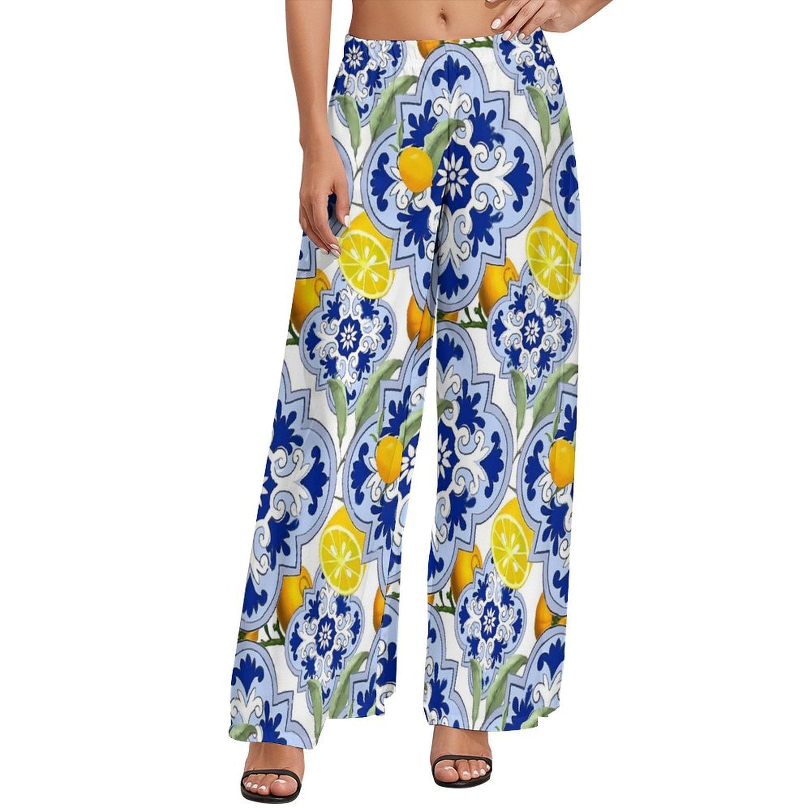 Blue Fower Print Straight Pants Cherry Blossom Modern Wide Pants Female ...