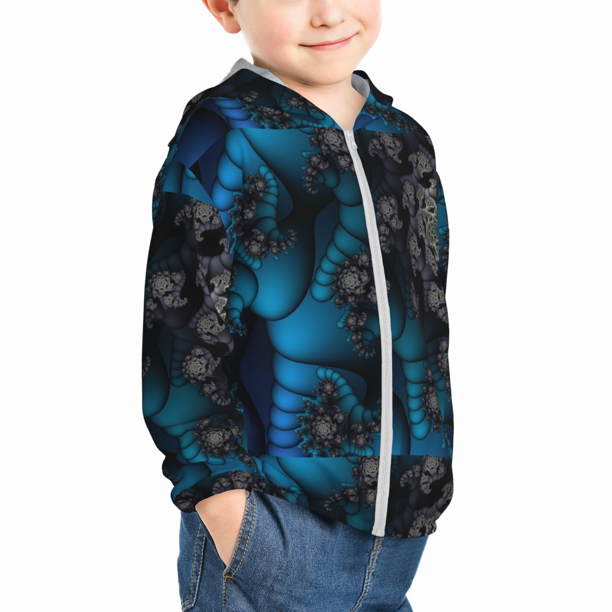 Blue-Fractal-Spirals- Kids Zip-Up Hoodie Girls Boys Sun Protection Jacket Hooded Cooling Shirt ...