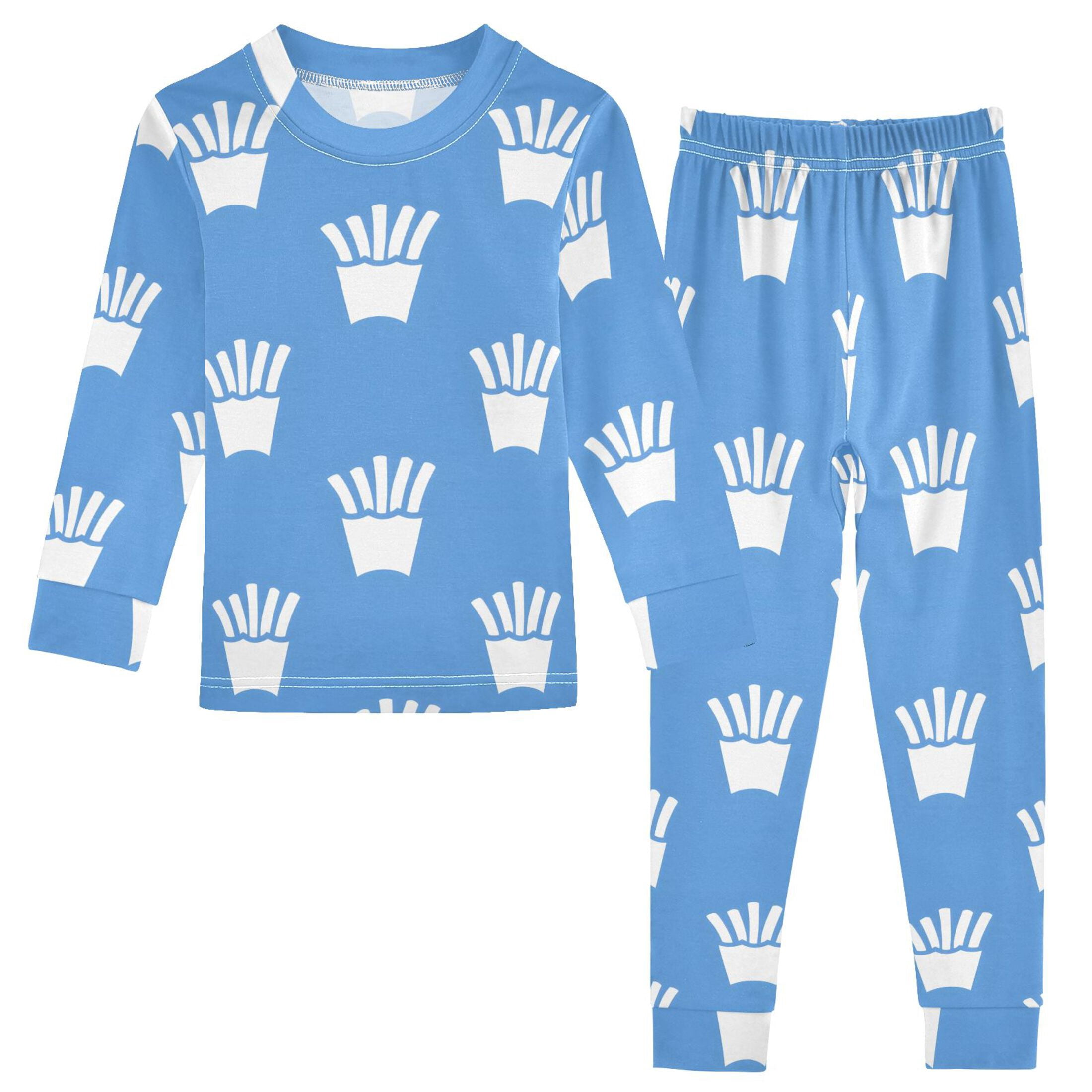 Blue French Fries Pattern Cotton Pajamas 2 Piece Set Sleepwear Soft and ...