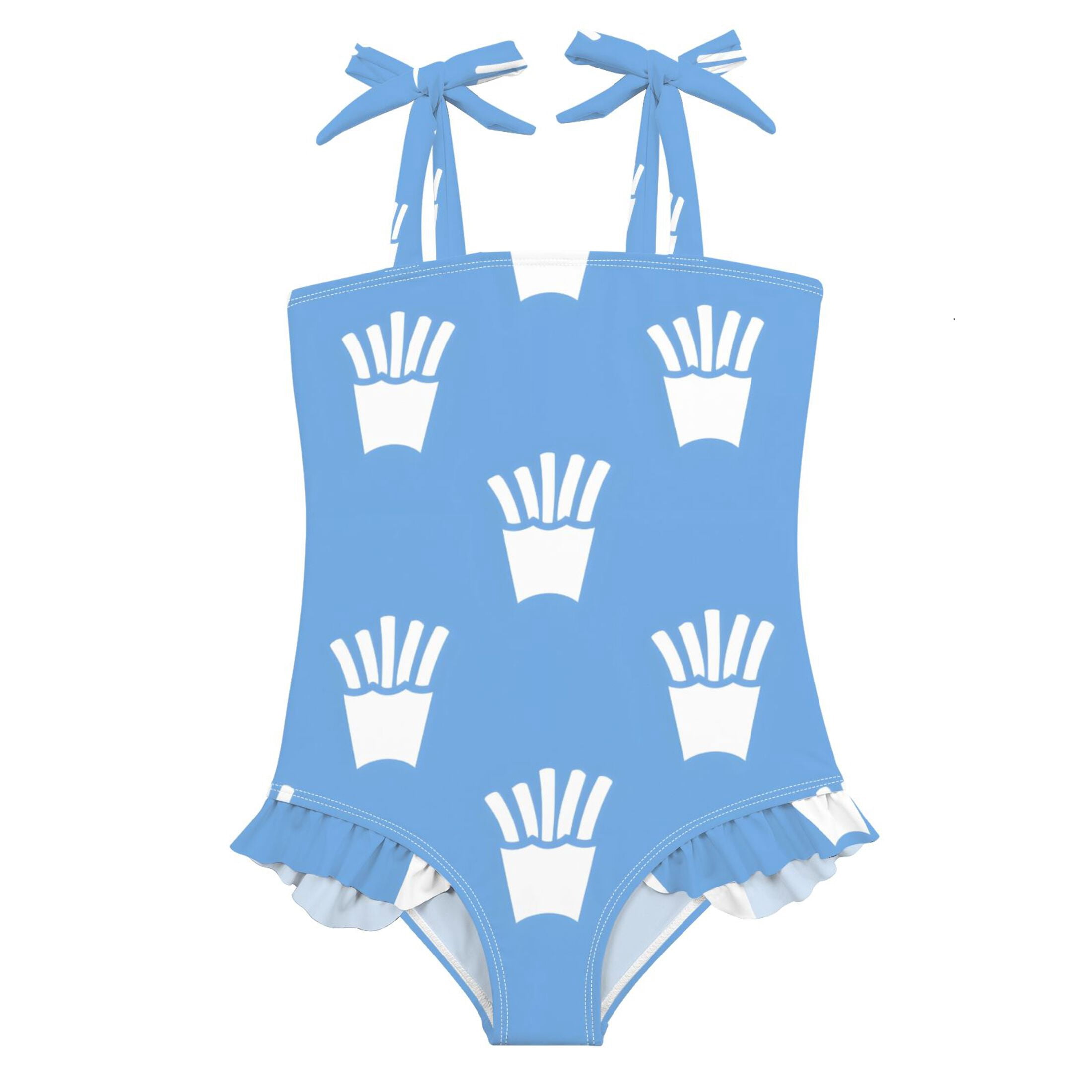 Blue French Fries Pattern Girls' One-Piece Swimsuit Bowknot Tie ...