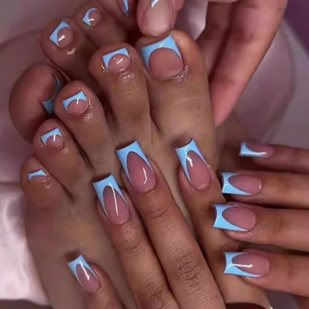 Blue French Press on Nails Medium & Press on Toenails Set - Square Fake ... Blue French Press on Nails Medium & Press on Toenails Set - Square Fake ...