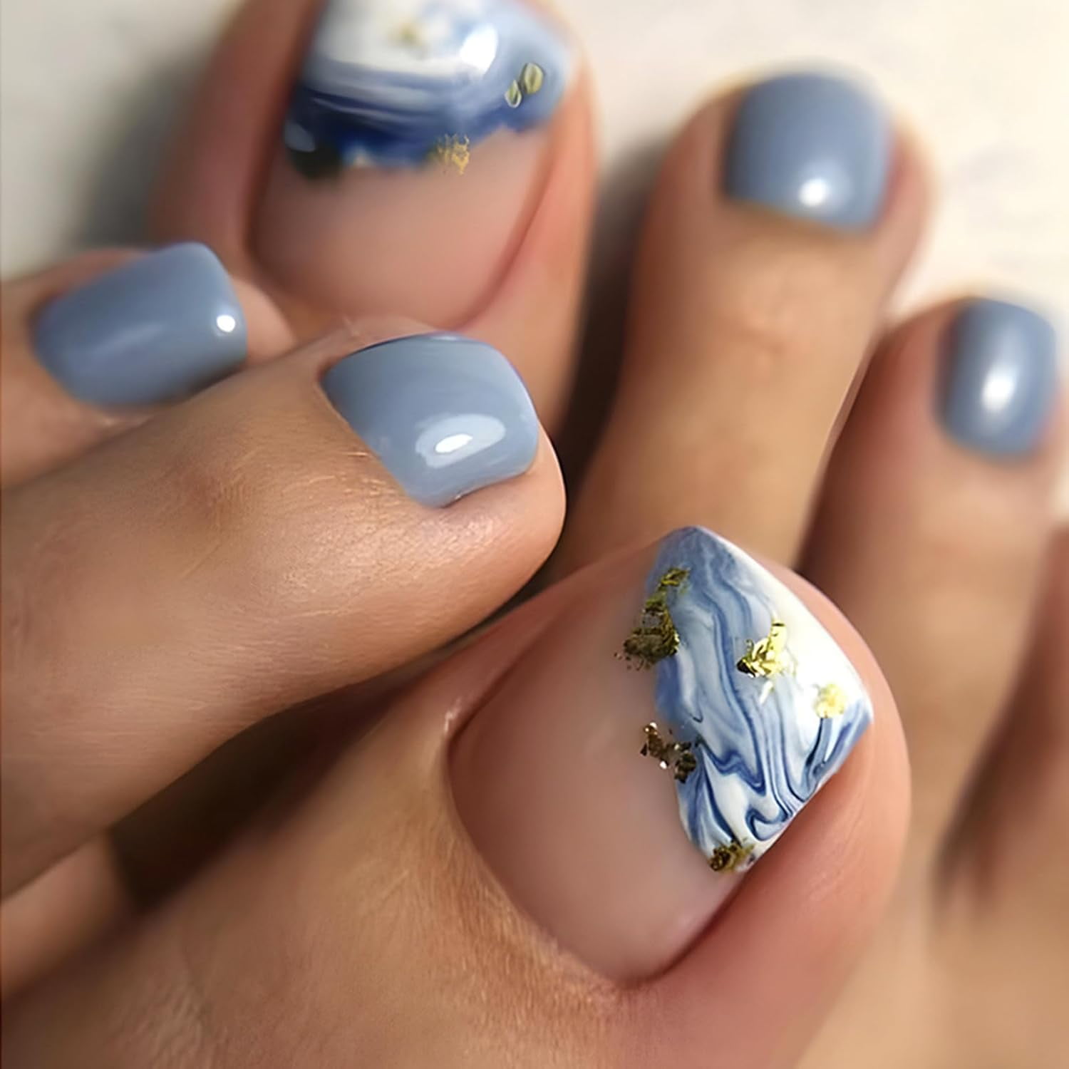 Blue French Press on Toenails Short Square Fake Toe Nails Gradient ...