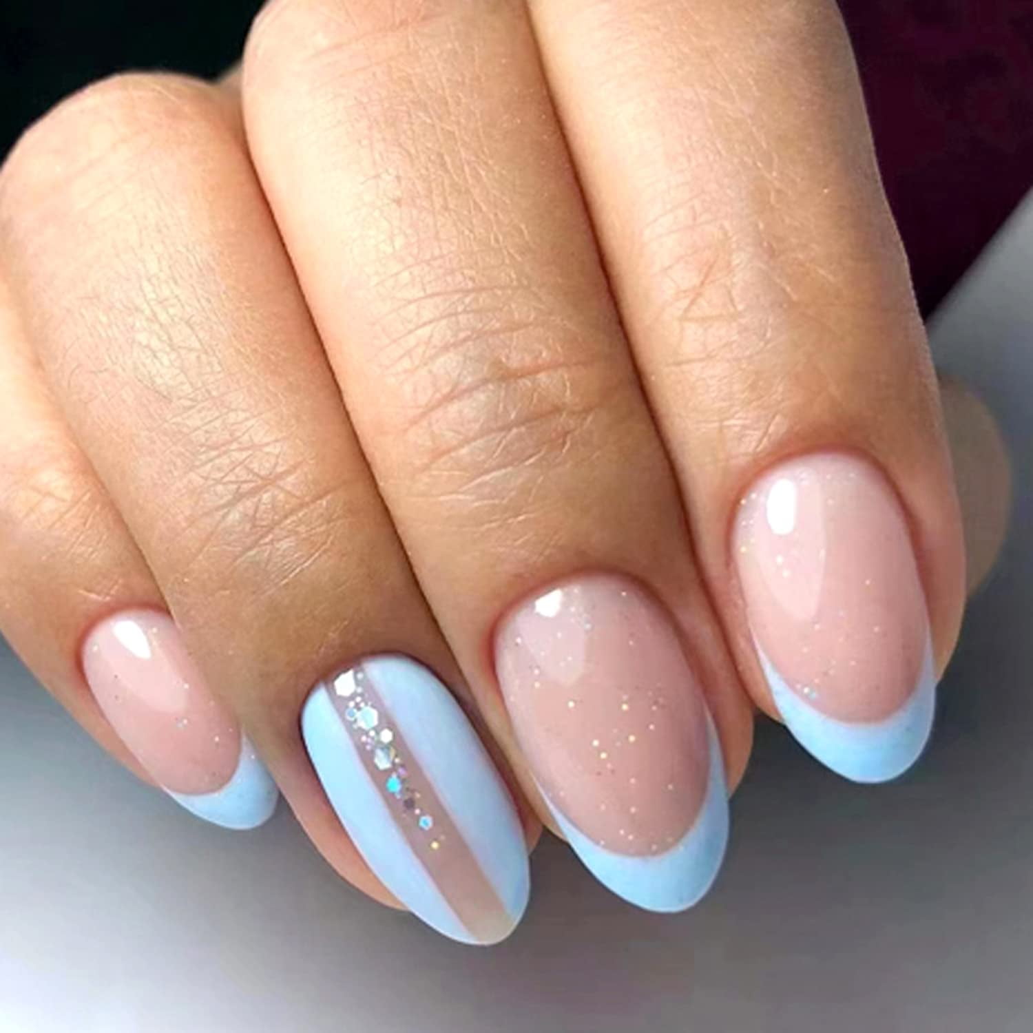 Blue French Tip Press on Nails Medium Oval Fake Nails,Glossy Nude Designs False Nails,Full Cover ...