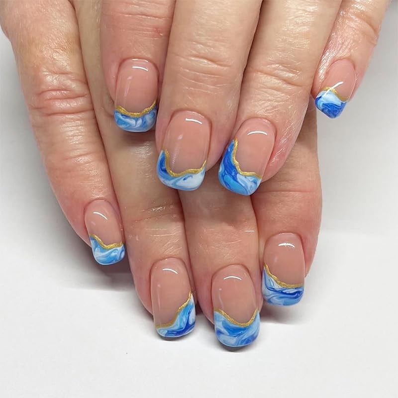 Blue French Tip Press on Nails Short Square Fake Nails with Designs Sea ...