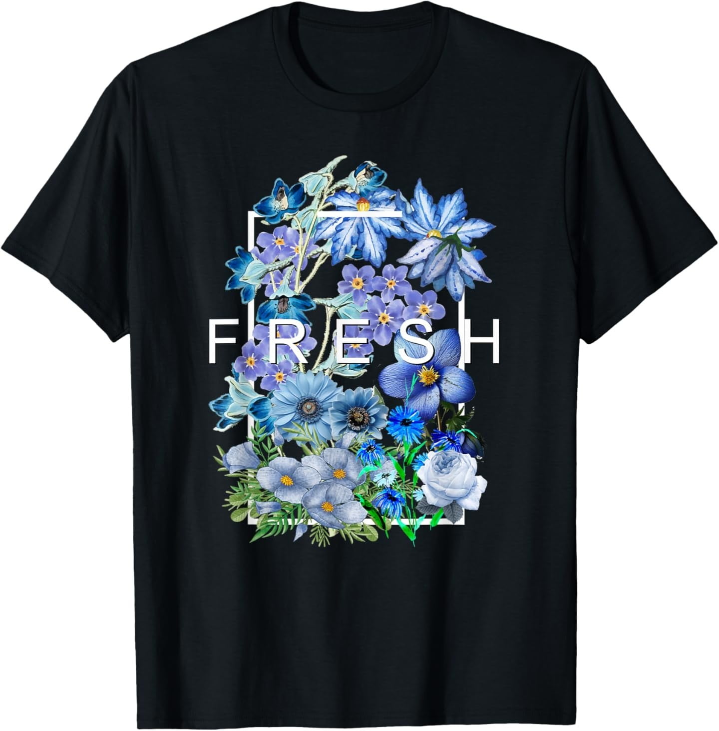 Blue Fresh Bloom Flowers Blue Color Graphic T-Shirt - Walmart.com