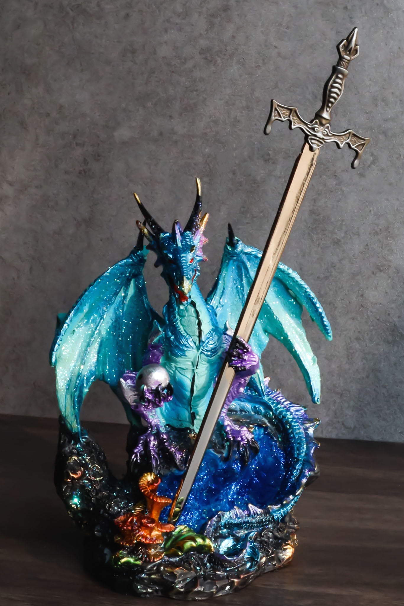 Blue Frozen Arctic Dragon Holding Pearl and Gothic Sword Letter Opener ...
