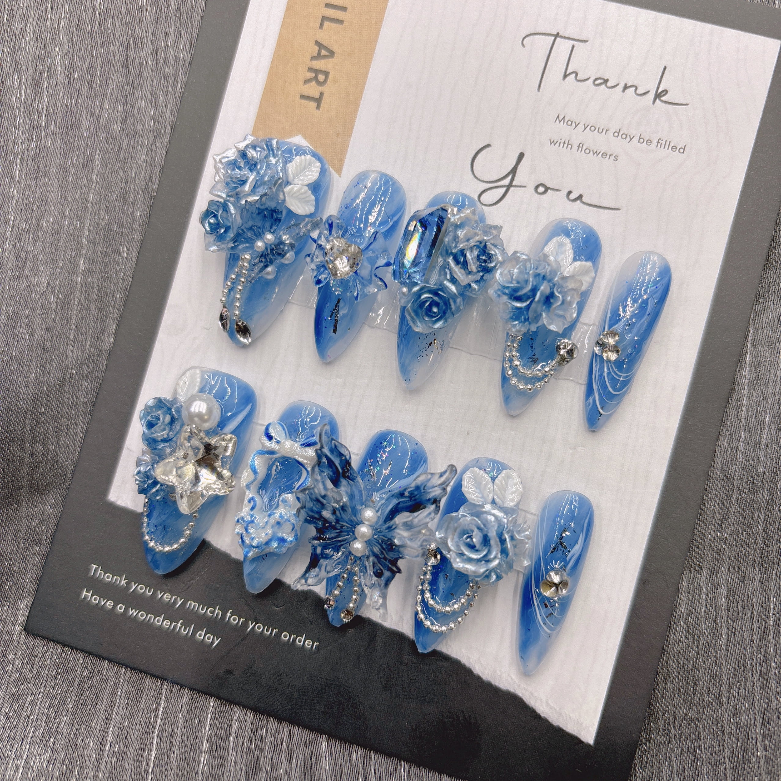 Blue Frozen Rose Handmade Fake Nails Long Pointed - Walmart.com