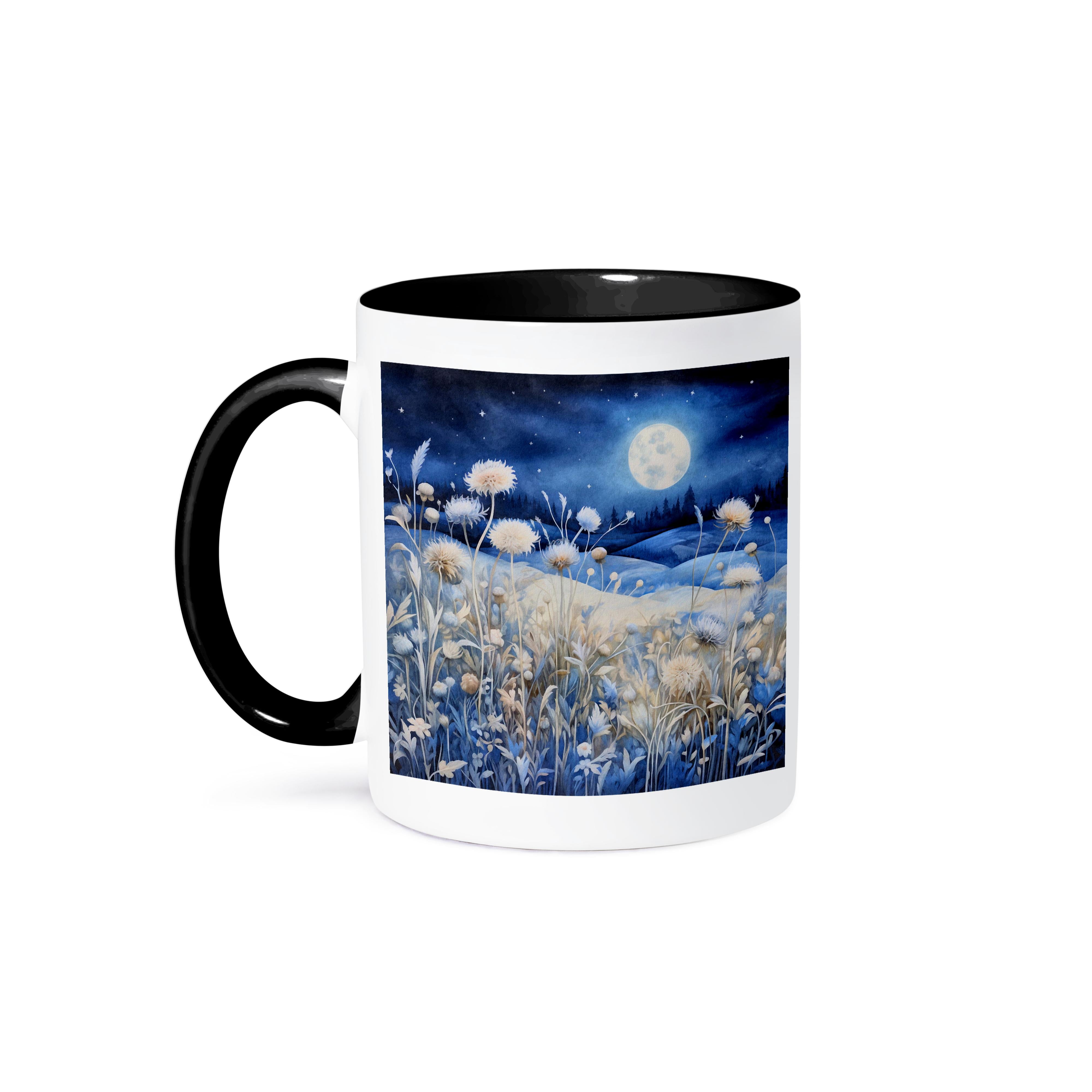 Blue Full Moon Night Sky And Flowers Background, 11oz Two-Tone Black ...