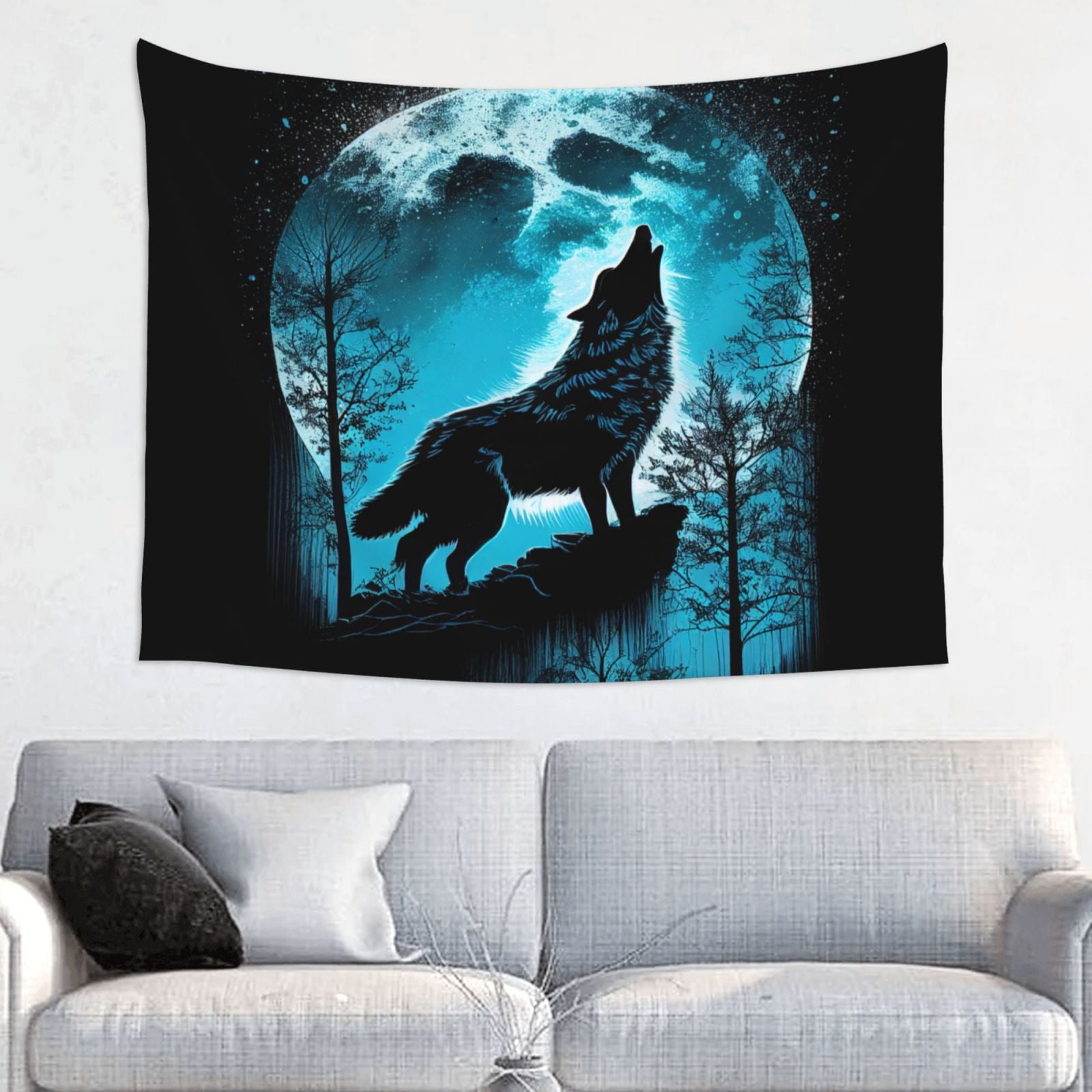 Blue Full Moon Wolf Tapestry Home Decor Tapestry Wall Hanging ...