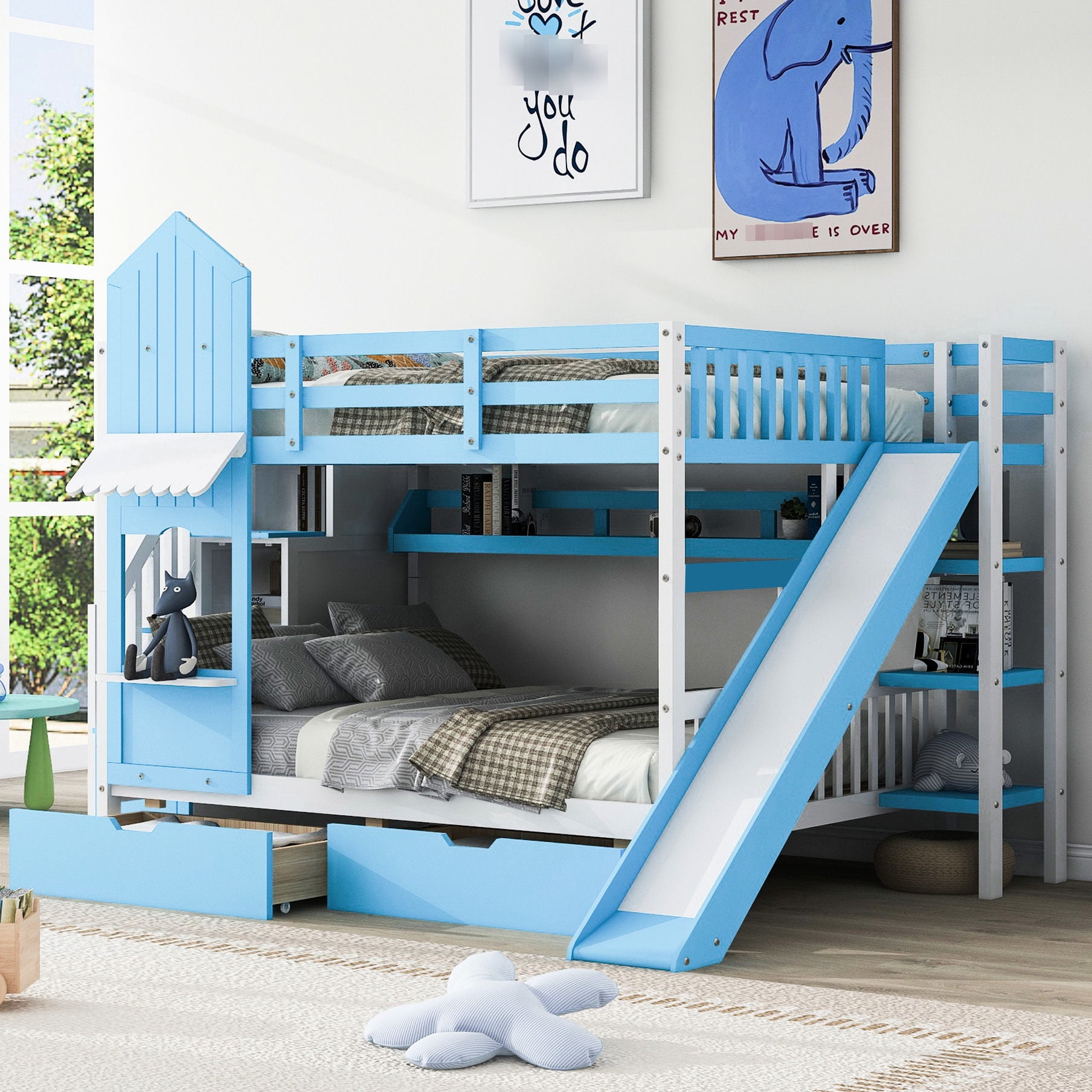 Blue Full-Over-Full Bunk Bed with Castle Design, 2 Drawers and Slide ...